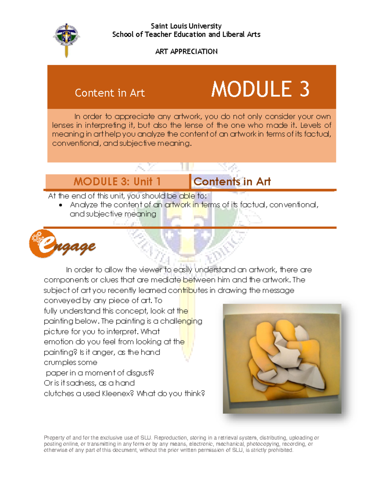 Module 3 - School of Teacher Education and Liberal Arts ART APPRECIATION Property of and for the ...