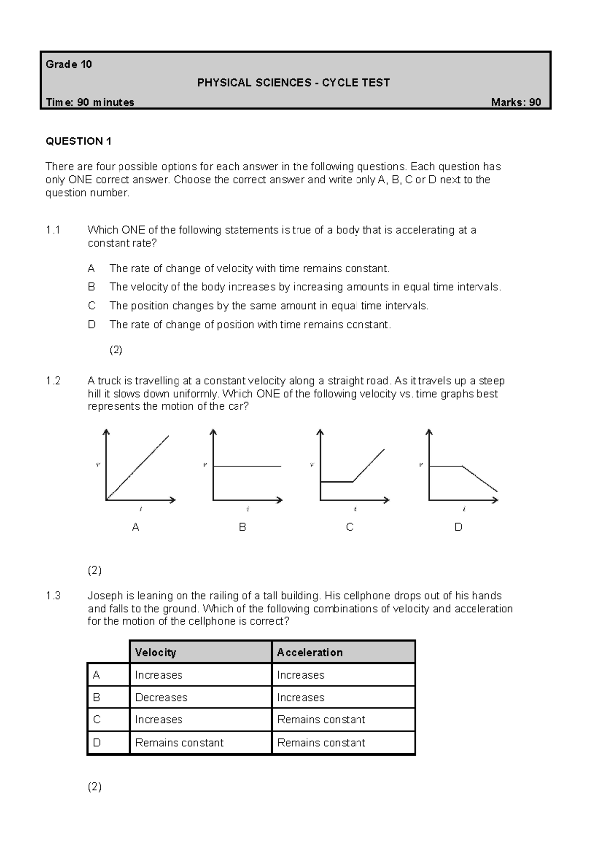 6 Term 1 Test Questions PHYSICS1 Grade 10 PHYSICAL SCIENCES CYCLE