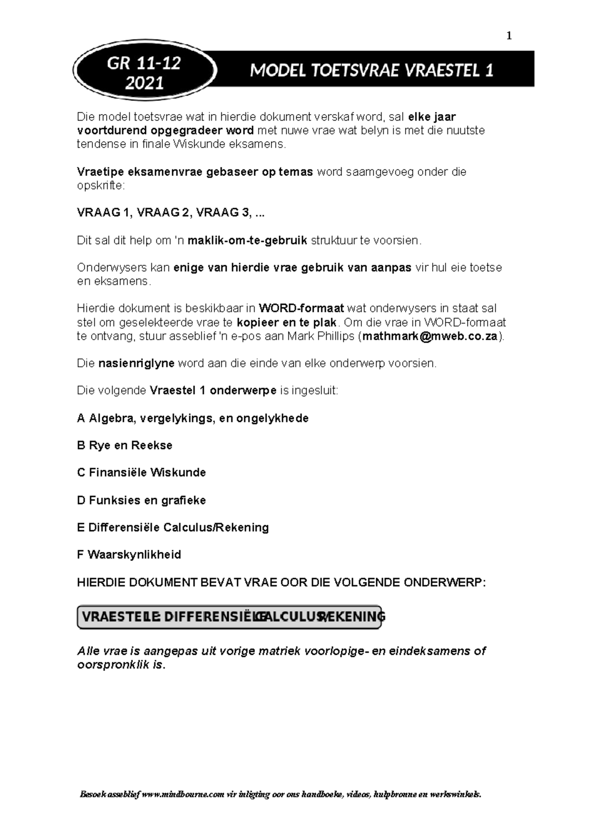 GR 1112 Vraestel 1 VRAE 2021 E Differensiele Calculus OF Rekening - Die ...