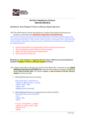 Tutorial 5 (Week 8) Answers - ACC1024 Foundations of Finance Tutorial 5 ...