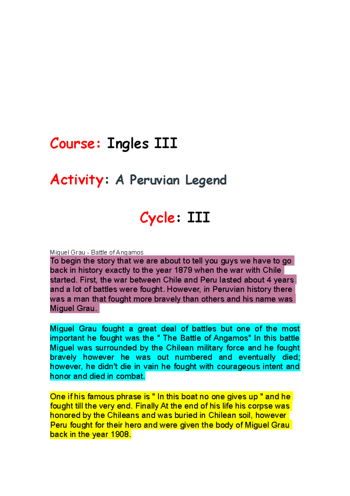 (AC-S09) Task Assignment A Peruvian Legend - Course: Ingles III ...