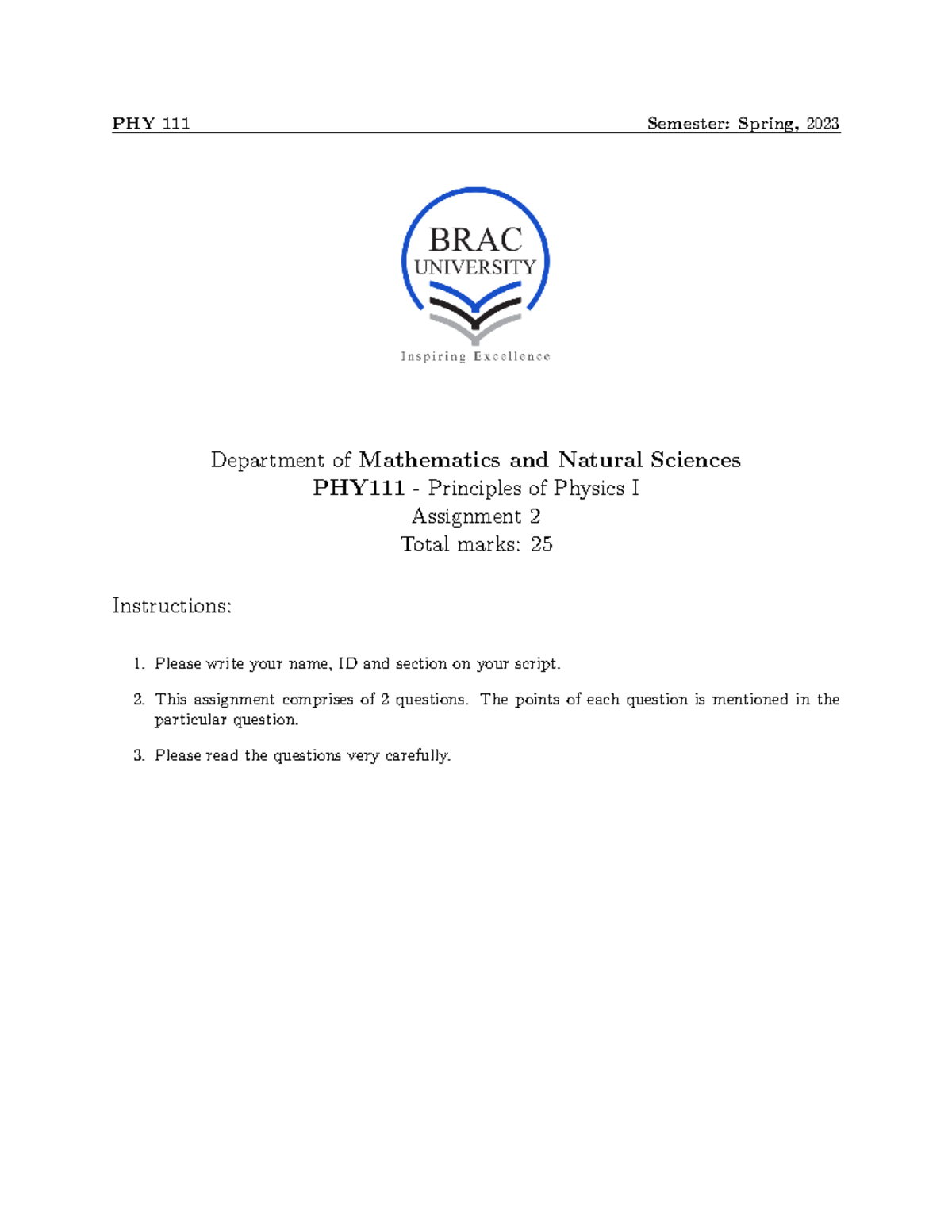 Assignment 2 Spring 2023 PHY111 - PHY 111 Semester: Spring, 2023 ... Assignment 2 Spring 2023 PHY111 - PHY 111 Semester: Spring, 2023 ...