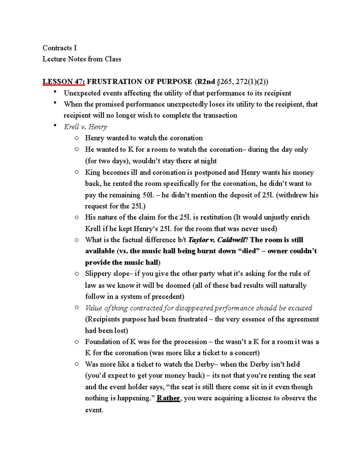 Lesson 47- Frustration OF Purpose - Contracts I Lecture Notes from ...