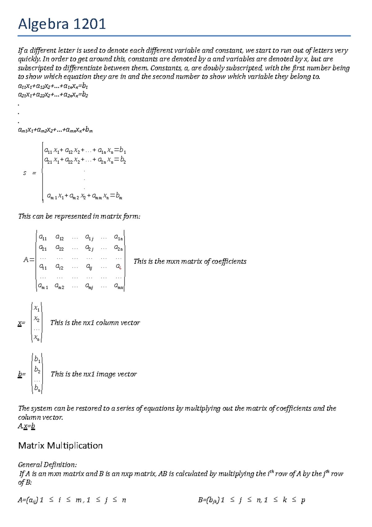 Algebra 1201 - Lecture notes All - Algebra 1201 If a different letter ...