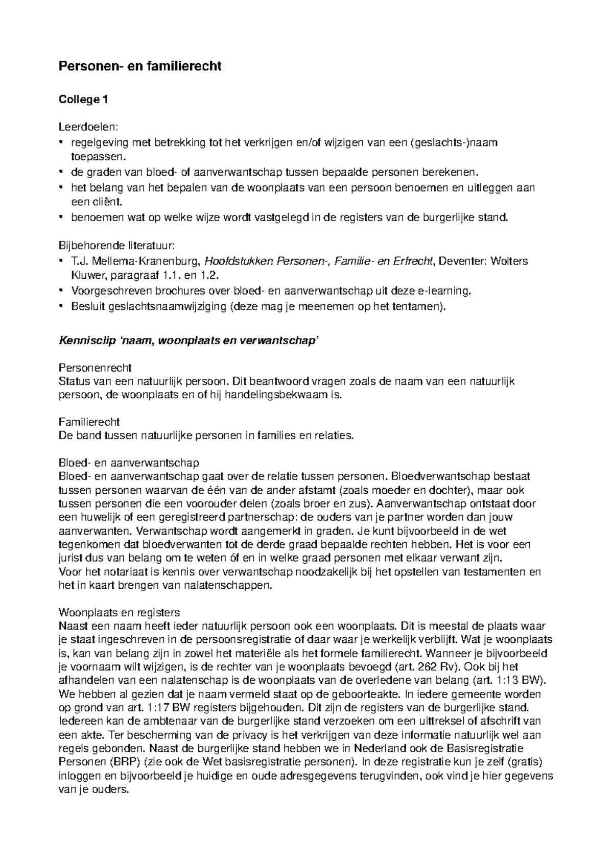 Personen- en familierecht - Personen- en familierecht College 1 ...