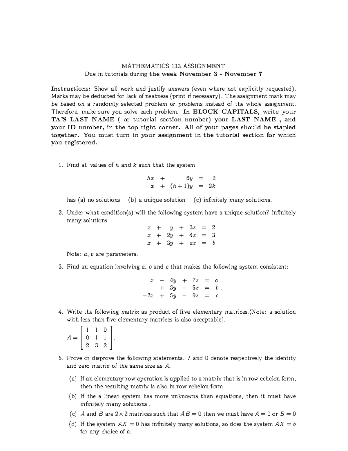 Fall 2014 Written Assignment - MATHEMATICS 133 ASSIGNMENT Due in ...