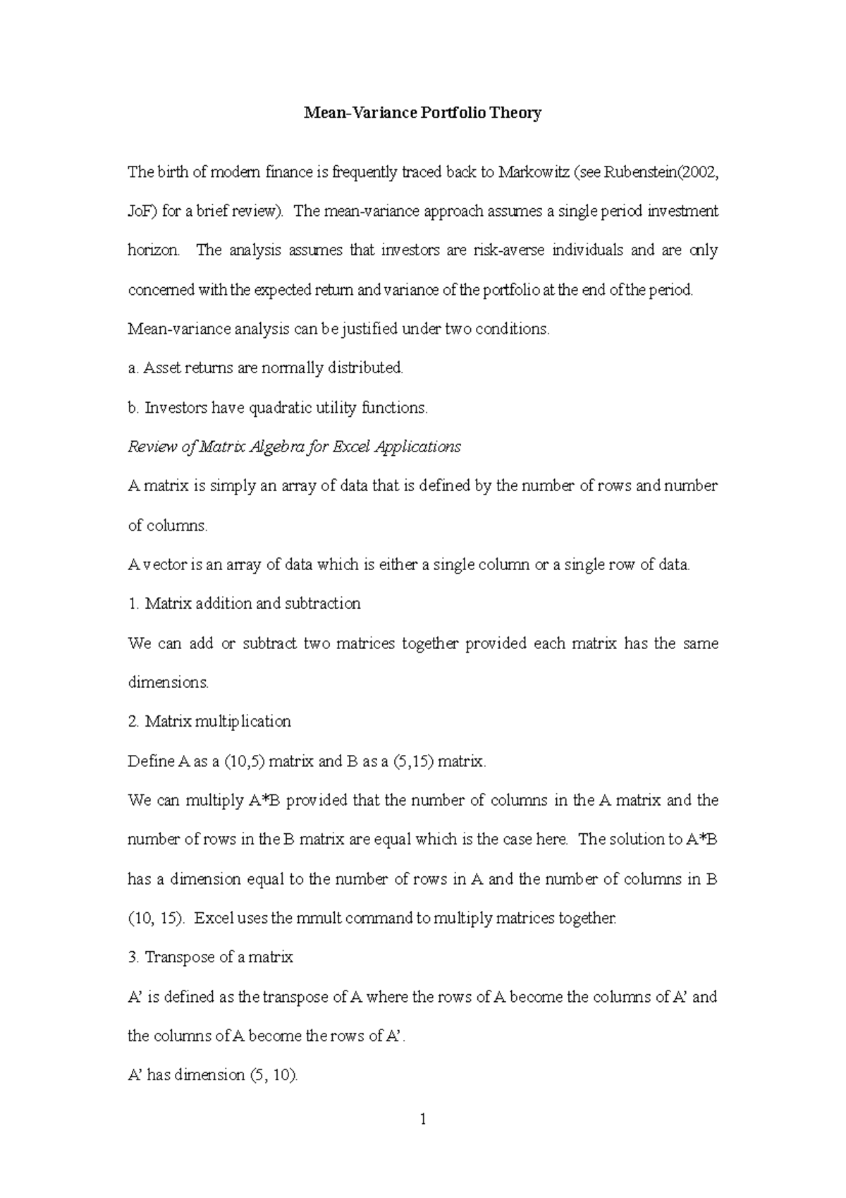 Notes on mean-variance analysis - Mean-Variance Portfolio Theory The ...