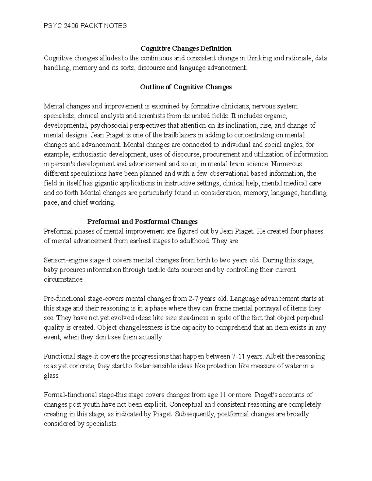PSYC 2406 Packt Notes -Cognitive Changes - PSYC 2406 PACKT NOTES ...