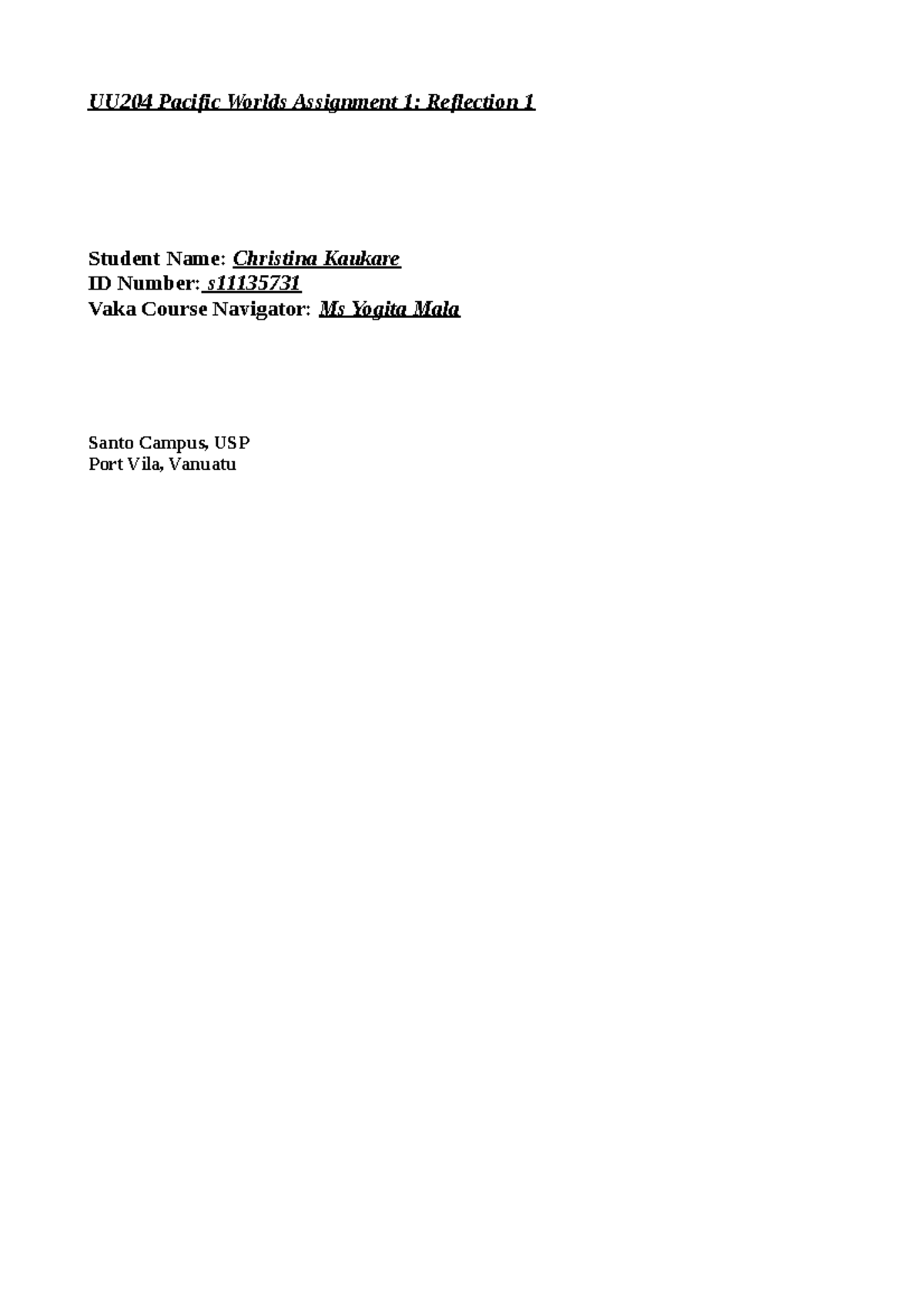 S11135731 Christina Kaukare UU204 Reflection 1. s11135731 - UU204 ...