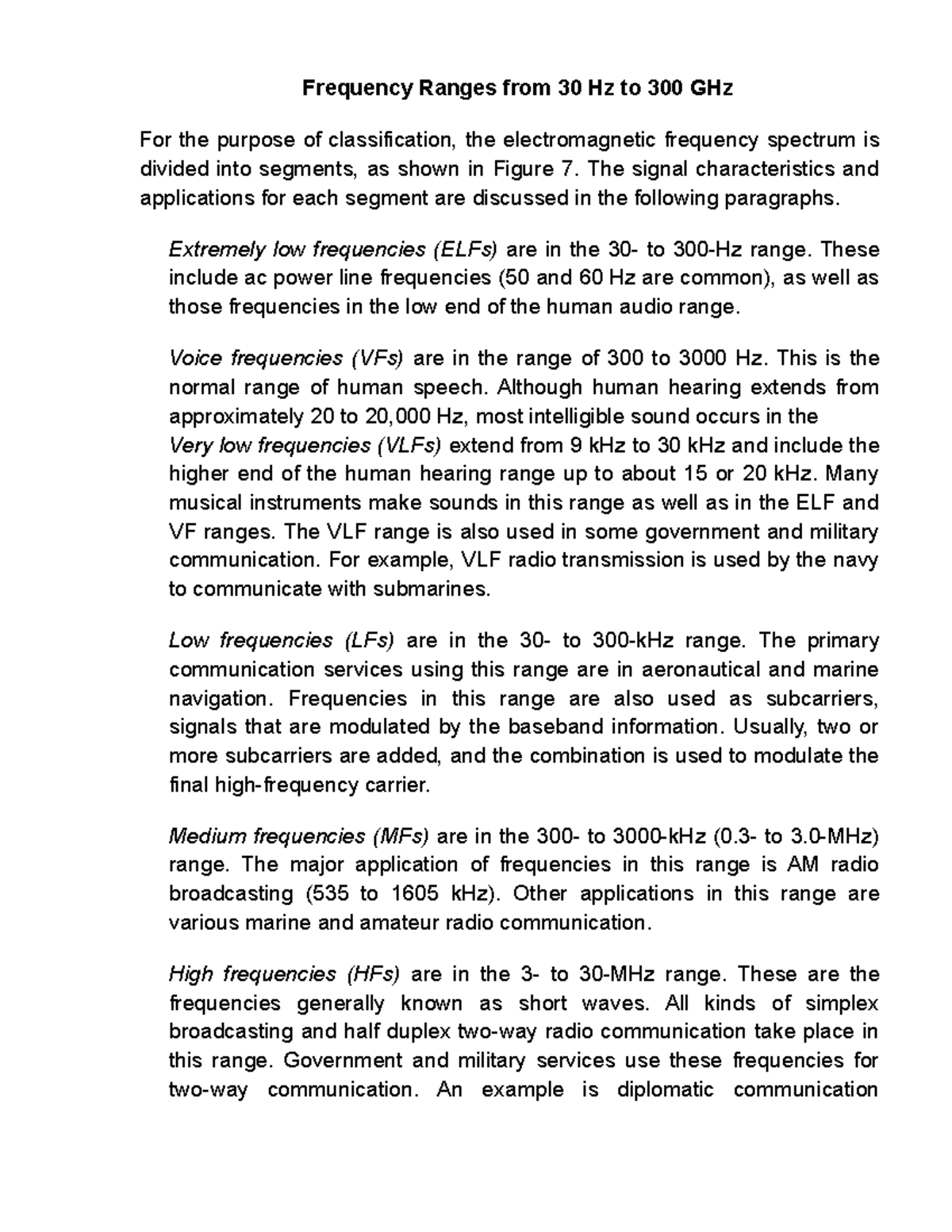 Frequency Ranges from 30 Hz to 300 GHz - Frequency Ranges from 30 Hz to ...