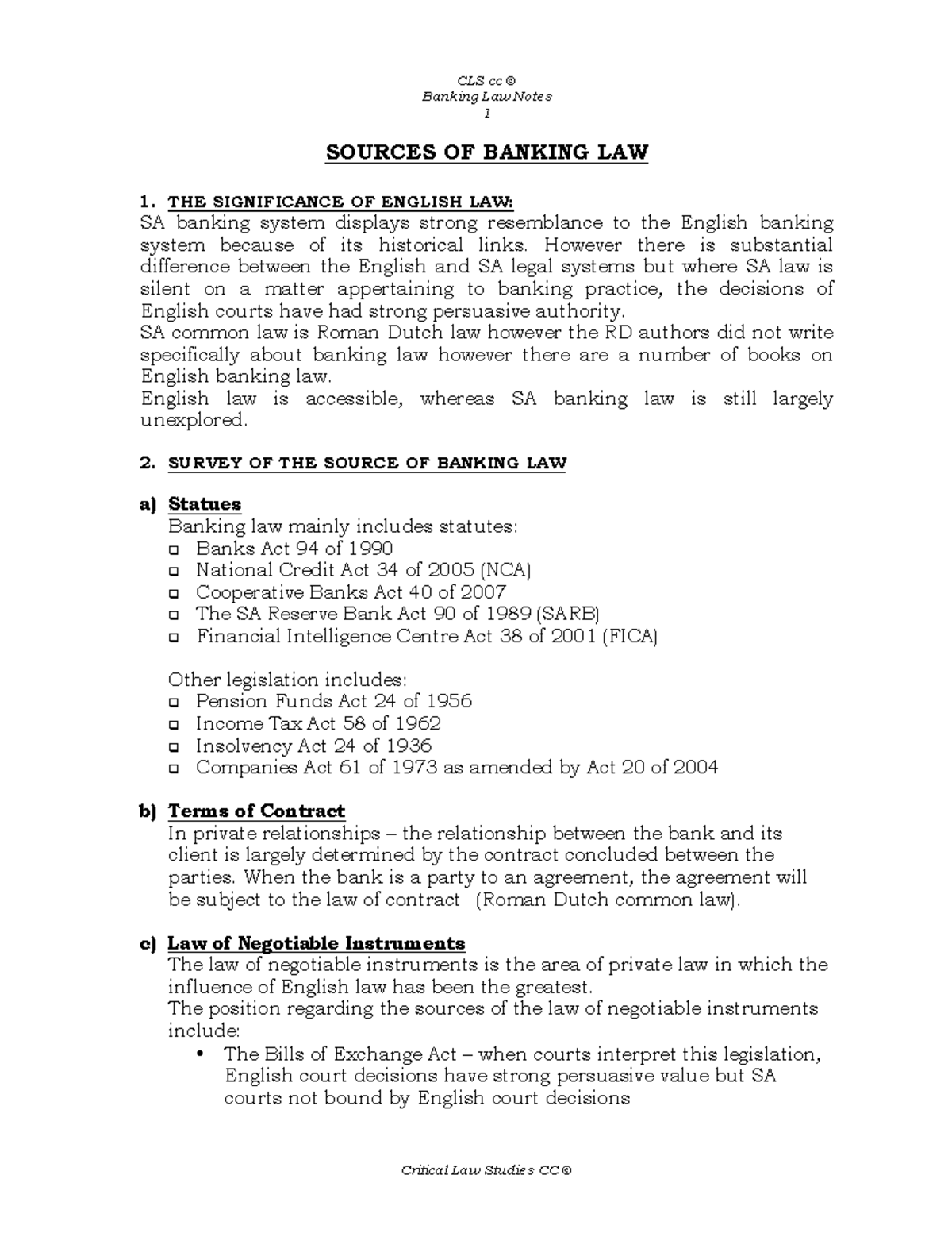 CLS 1 - Consists of SG and some PP - Banking Law Notes 1 SOURCES OF ...