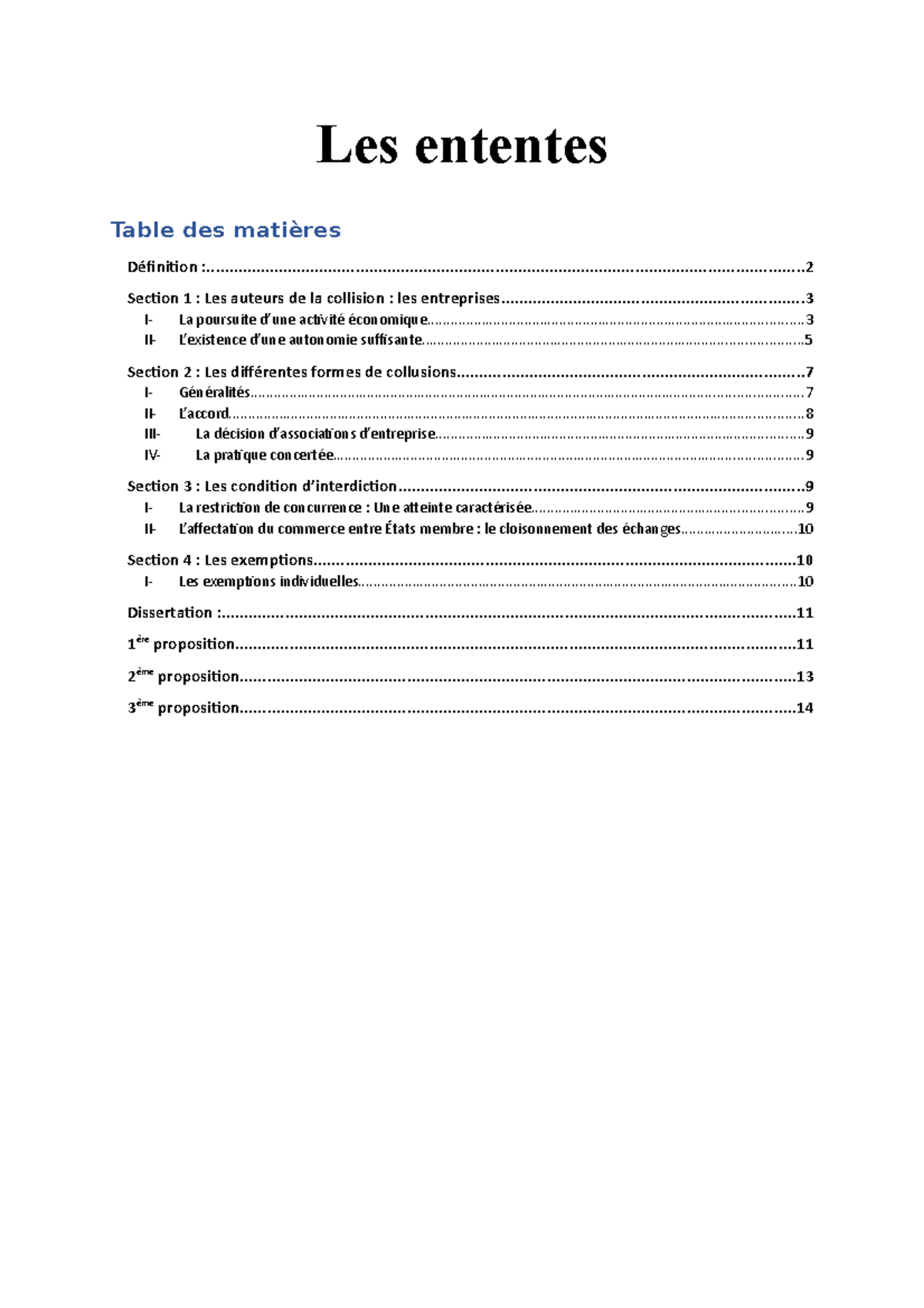LES Ententes (Fiche) - Les ententes Définition - Studocu