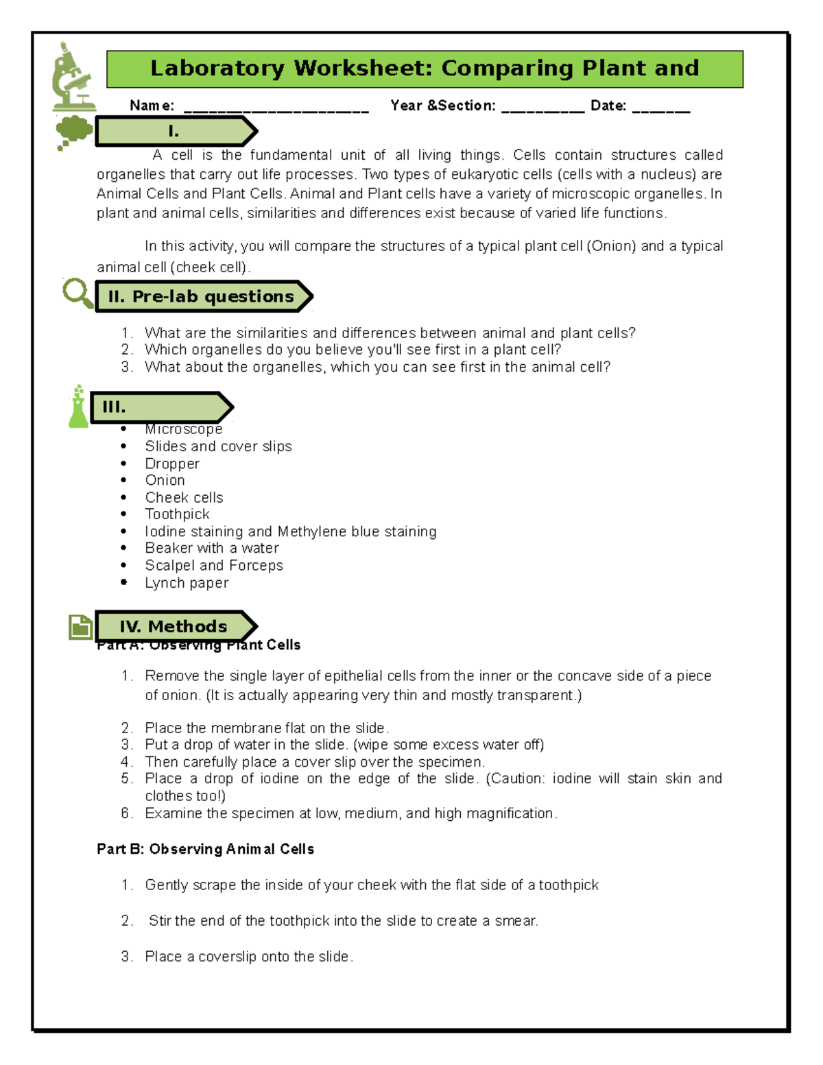 Laboratory Worksheet Comparing Plant and Animal Cells - Name ...
