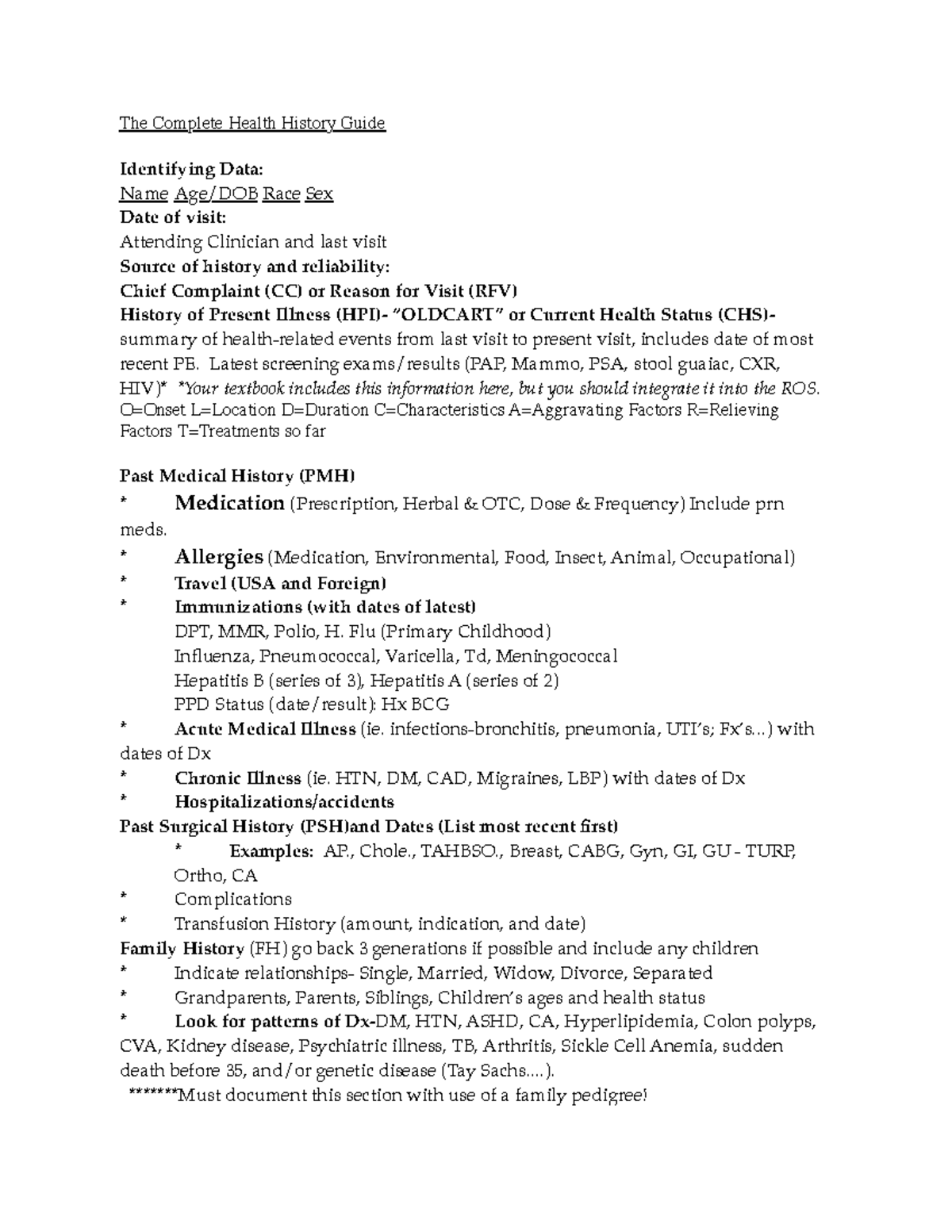 Final Study Guide - The Complete Health History Guide Identifying Data ...