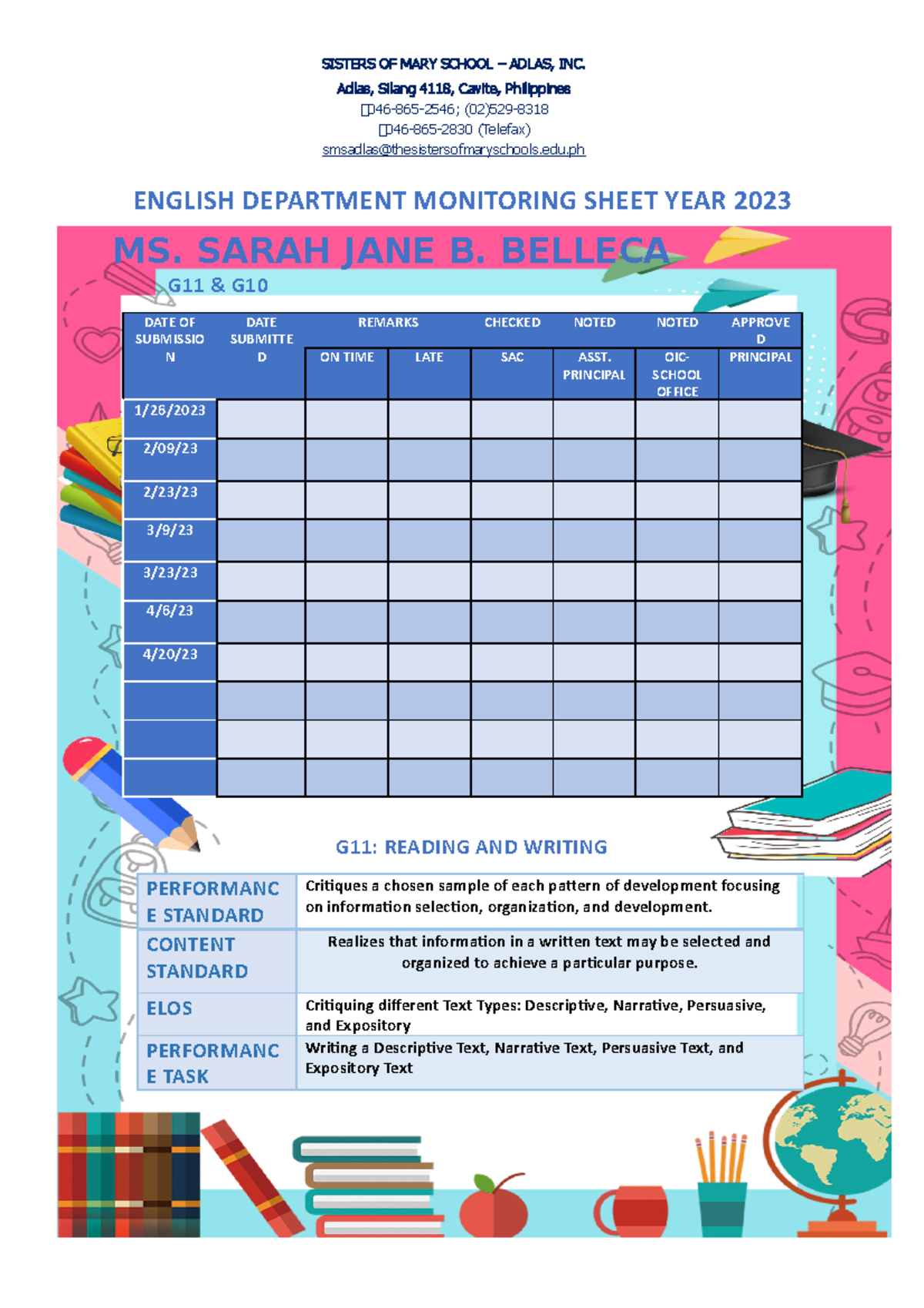 English Department Monitoring Sheet YEAR 2023 - Adlas, Silang 4118 ...