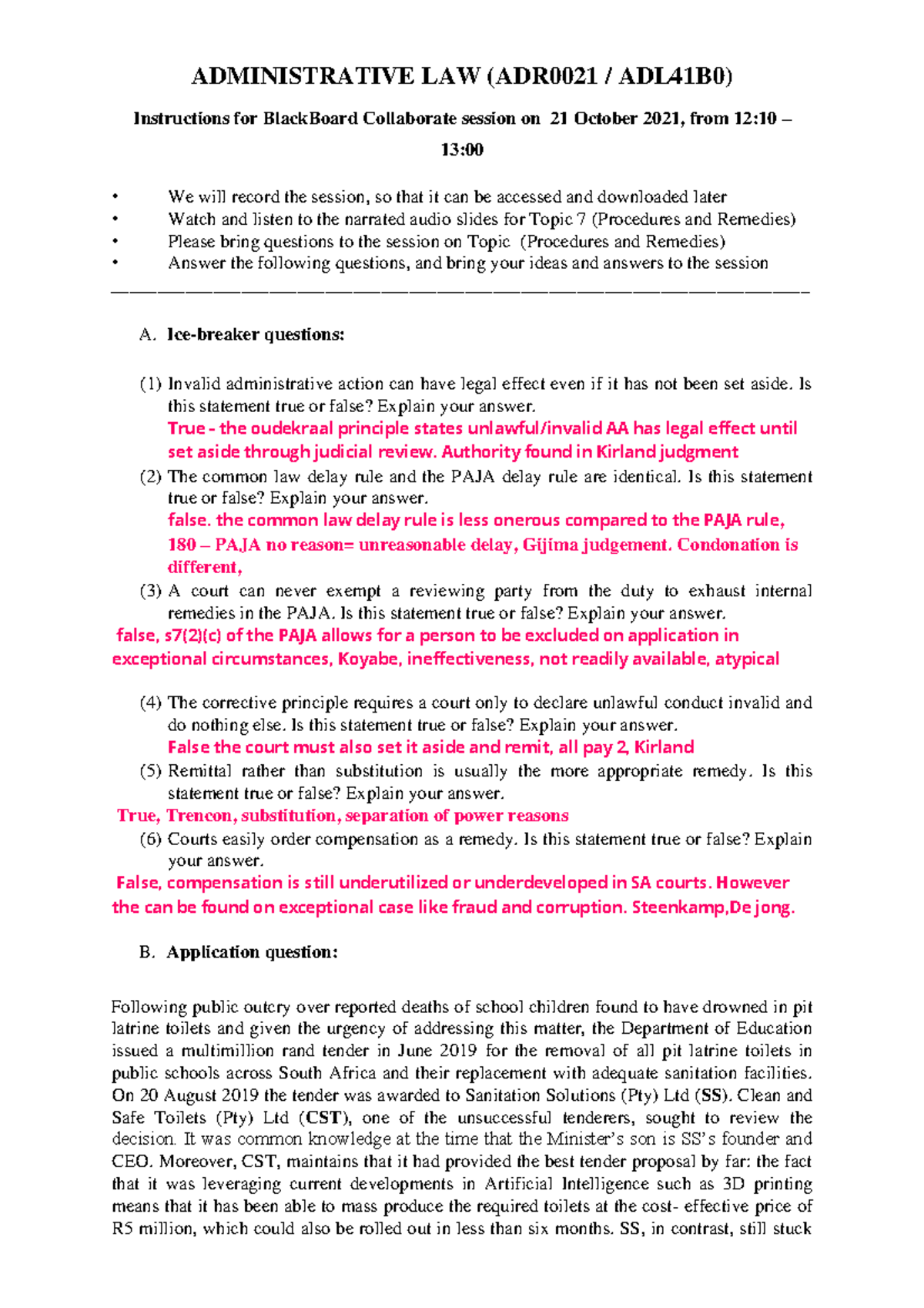 Topic 7 - notes - ADMINISTRATIVE LAW (ADR0021 / ADL41B0) Instructions ...