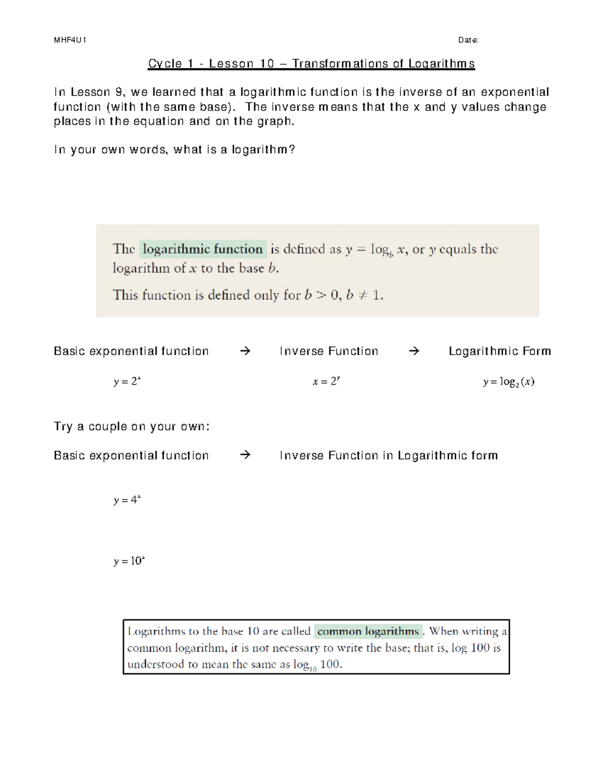Transformations of Logarithms - Blank version, C1-L12 - Cycle 1 ...