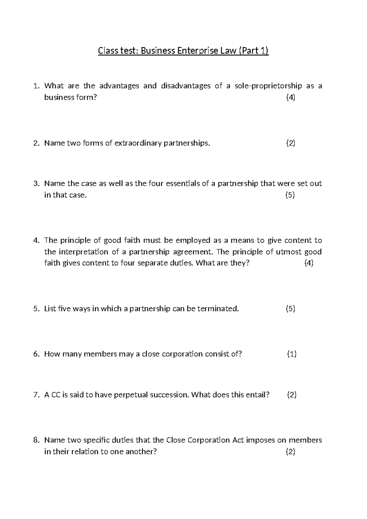 Class test (unit 12 - Bus Ent Law (part 1) - Class test: Business ...