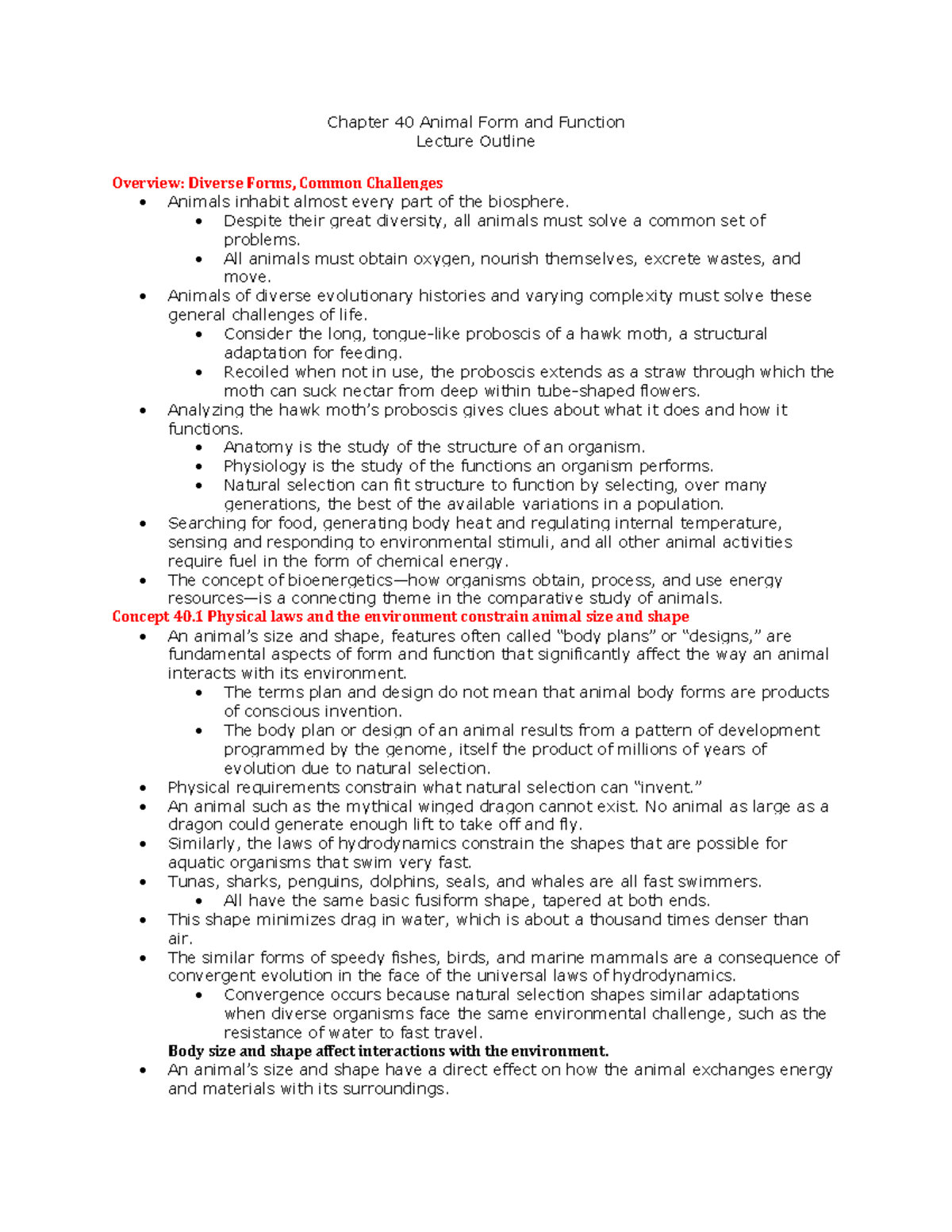 Biology Chapter 40 - Animal Form and Function - Chapter 40 Animal Form ...