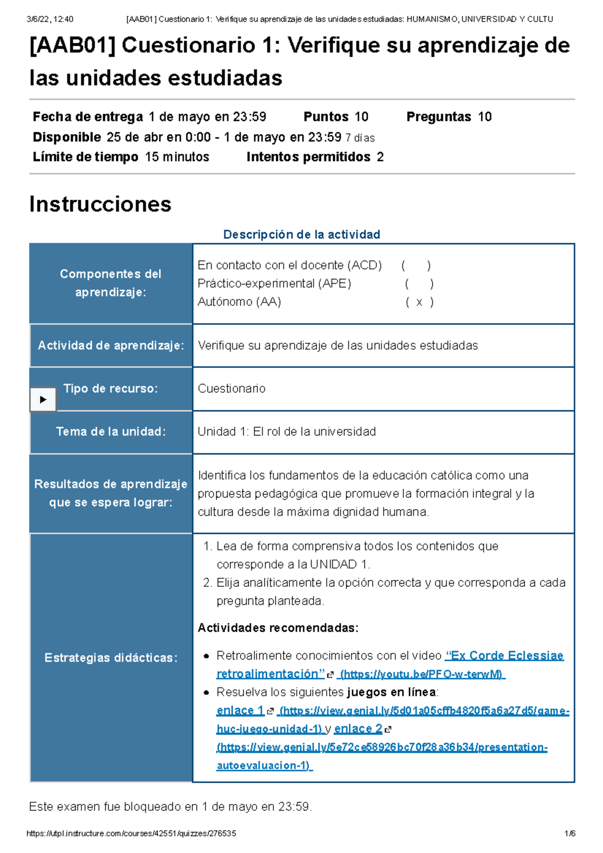 [AAB01] Cuestionario 1 Verifique su aprendizaje de las unidades estudiadas Humanismo ...