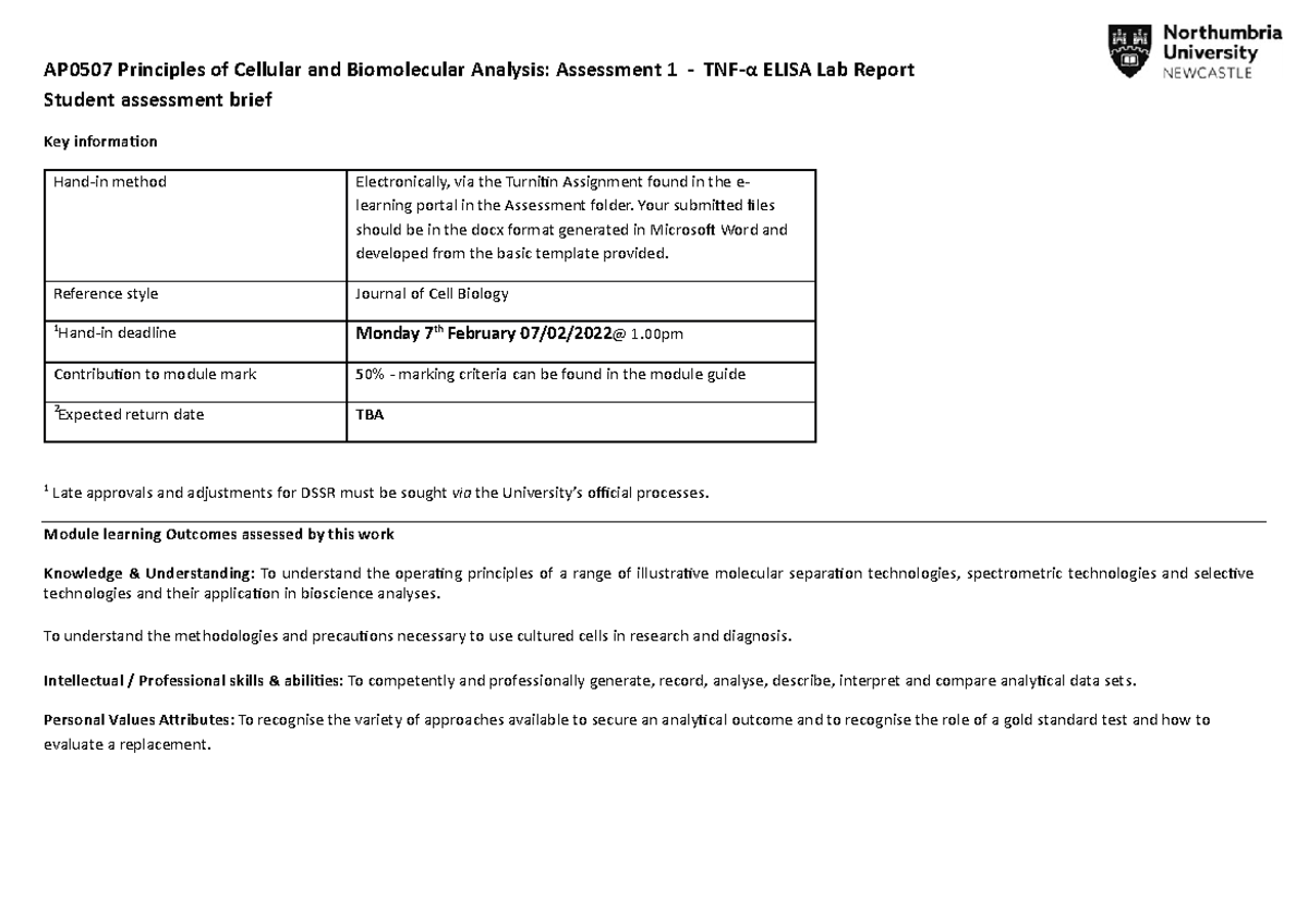 AP0507 TNF-α ELISA Lab Report Student assessment brief - Key ...