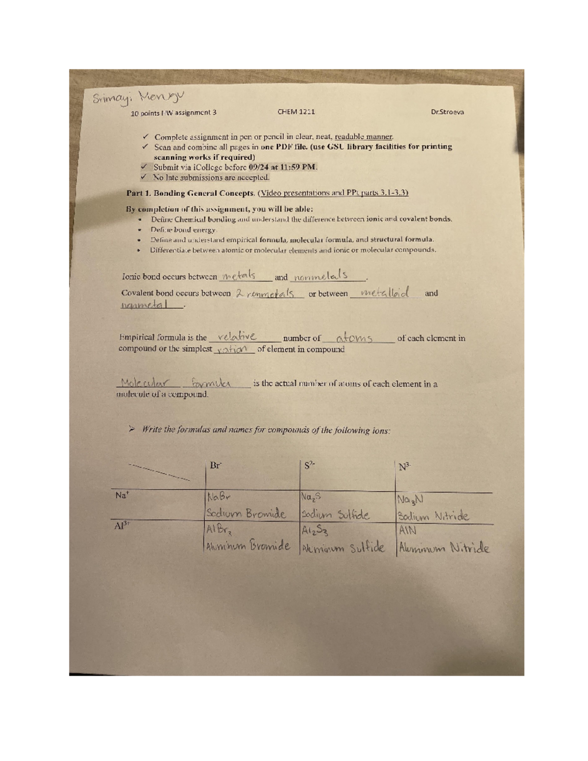 Chem HW 3 - Chem hw 3 - Srimayi Menuy 10 points HW assignment 3 CHEM ...