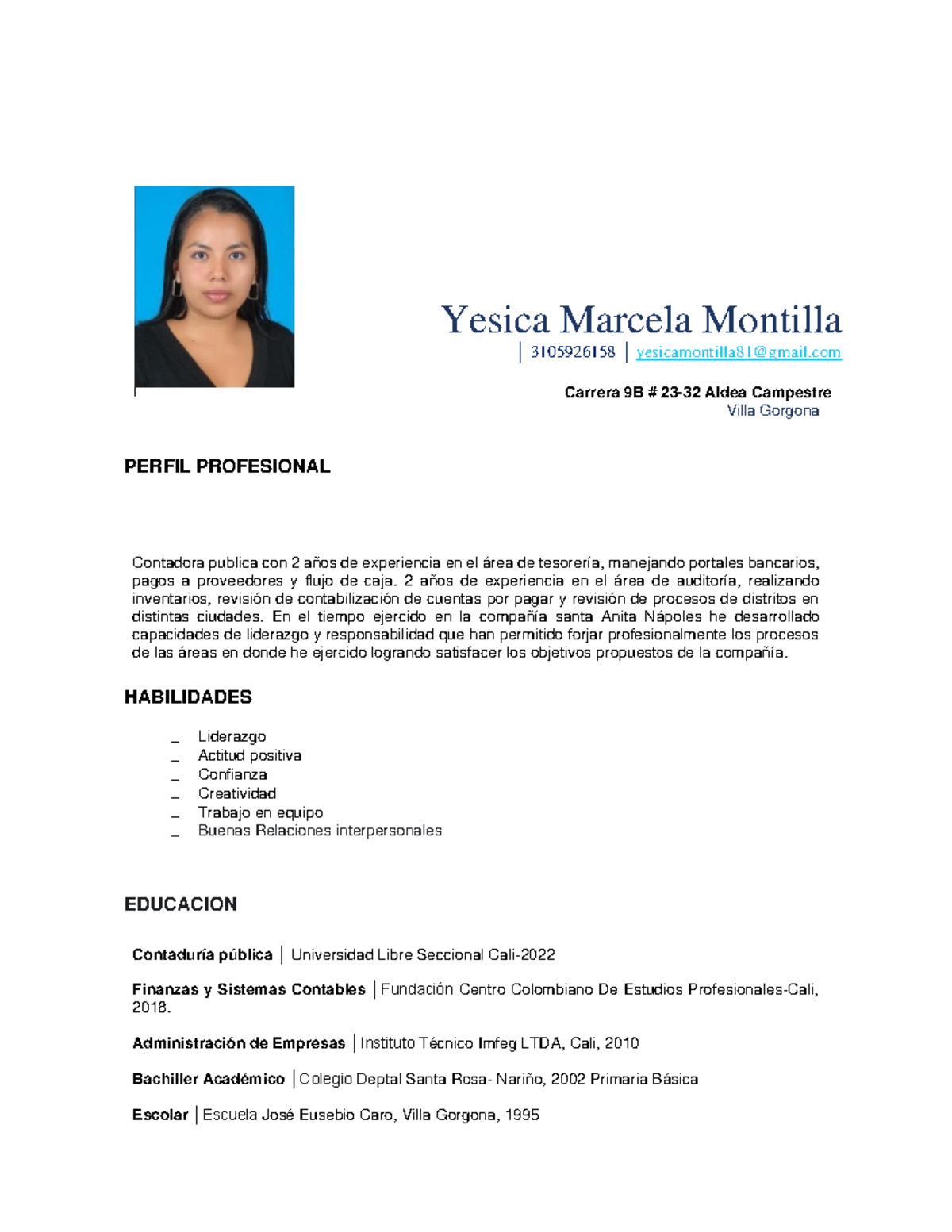 Yesica Montilla - diseño hoja de vida - PERFIL PROFESIONAL Yesica ...
