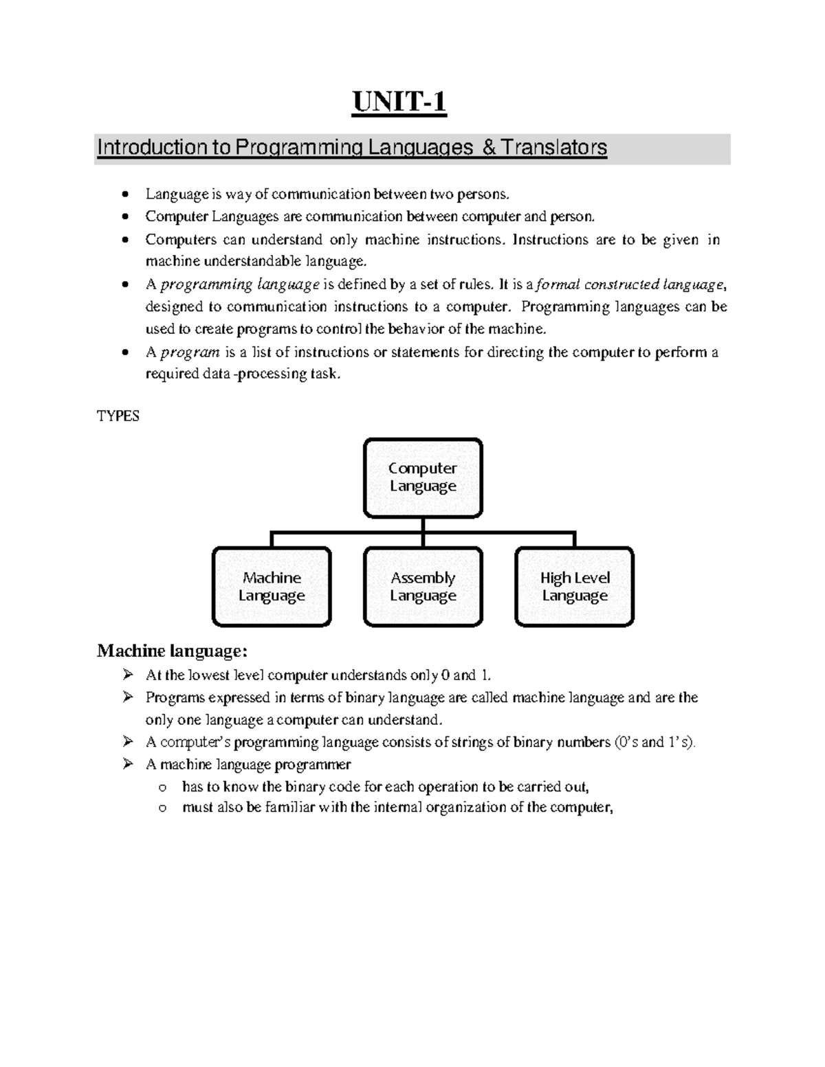 BCA-C102-SM01 - UNIT- Language is way of communication between two persons. Computer Languages ...