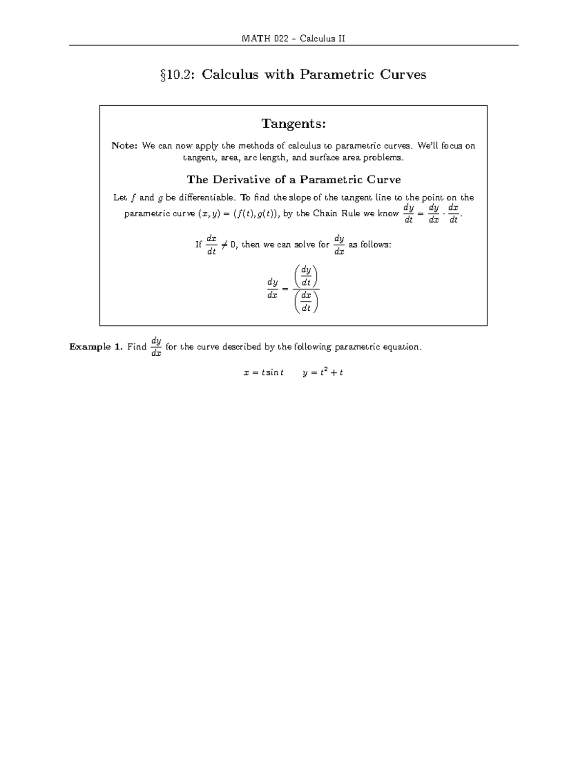 Section 10 - § 10. 2 : Calculus with Parametric Curves Tangents: Note ...