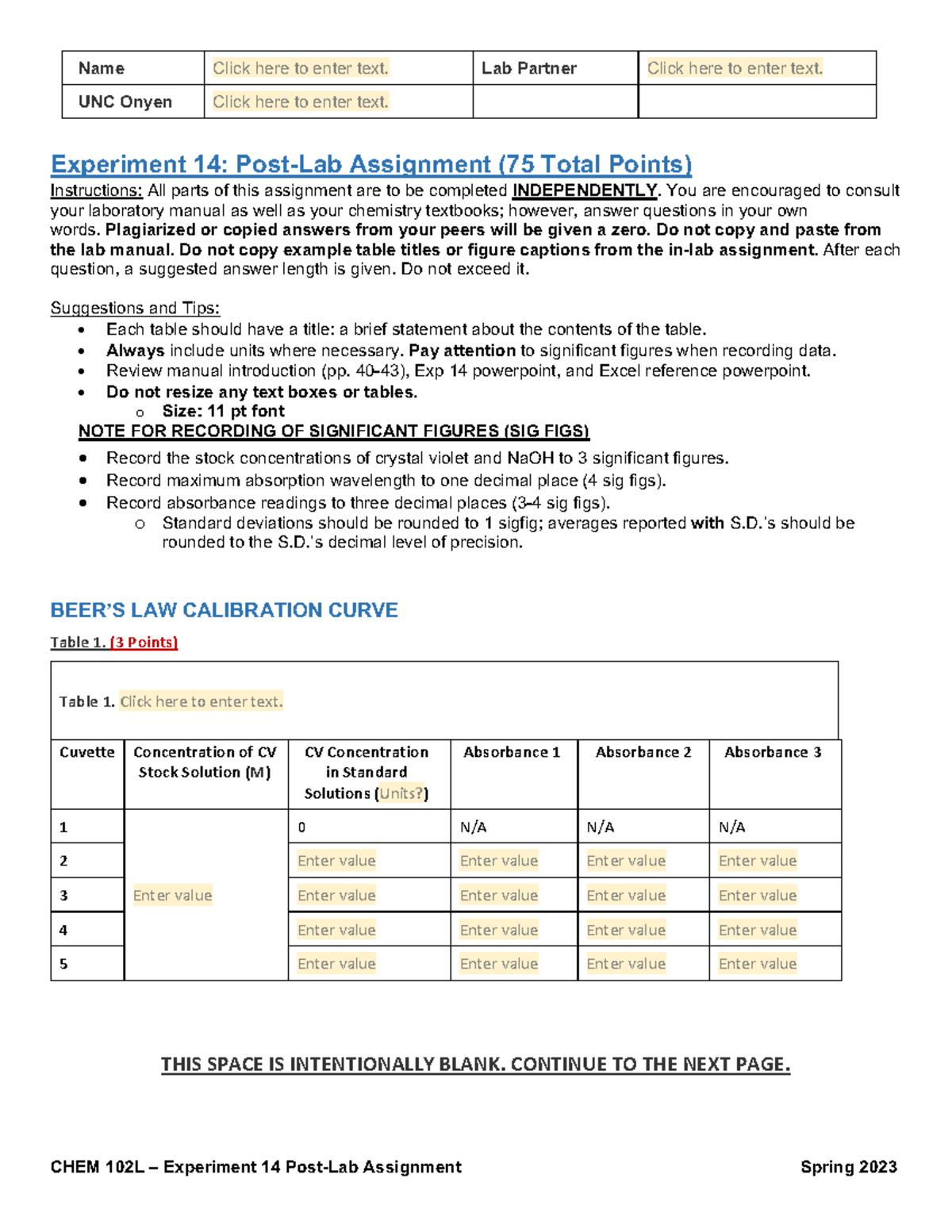 Exp 14 Post Lab SP24 Blank 2024-03-22 - CHEM 102L – Experiment 14 Post ...