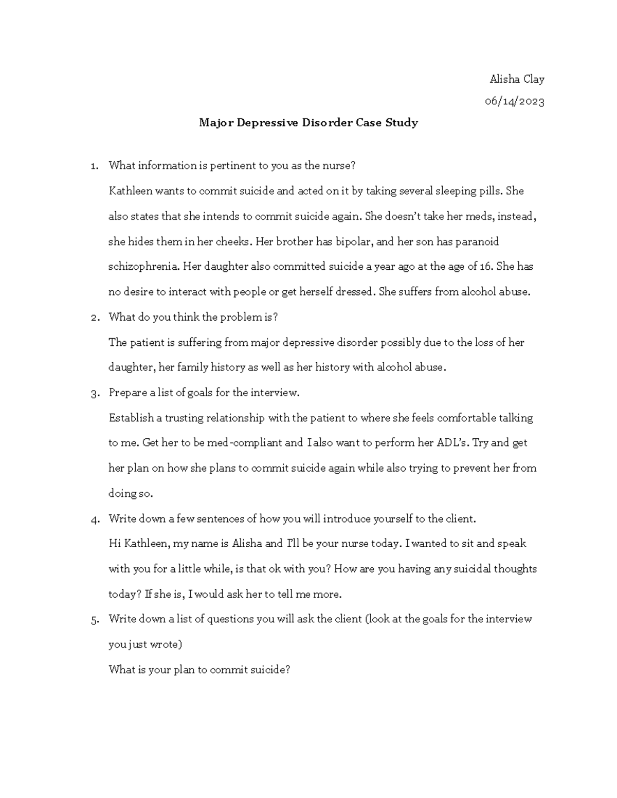 MDD CASE Study 2 - Mental Health - NUR 356 - Arizona College - Studocu