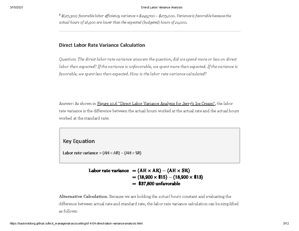 Direct Labor Variance Analysis - 3/15/2021 Direct Labor Variance ...