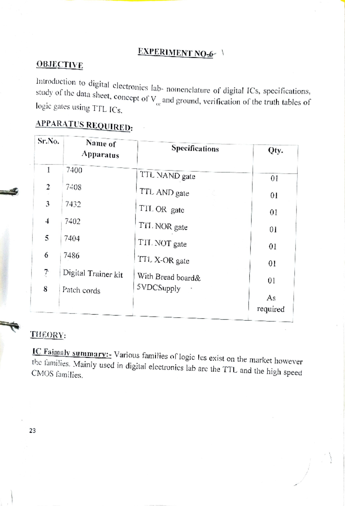 Electronics lab unit 04 - EXPERIMENT OBJECTIVE Introduction to digital ...