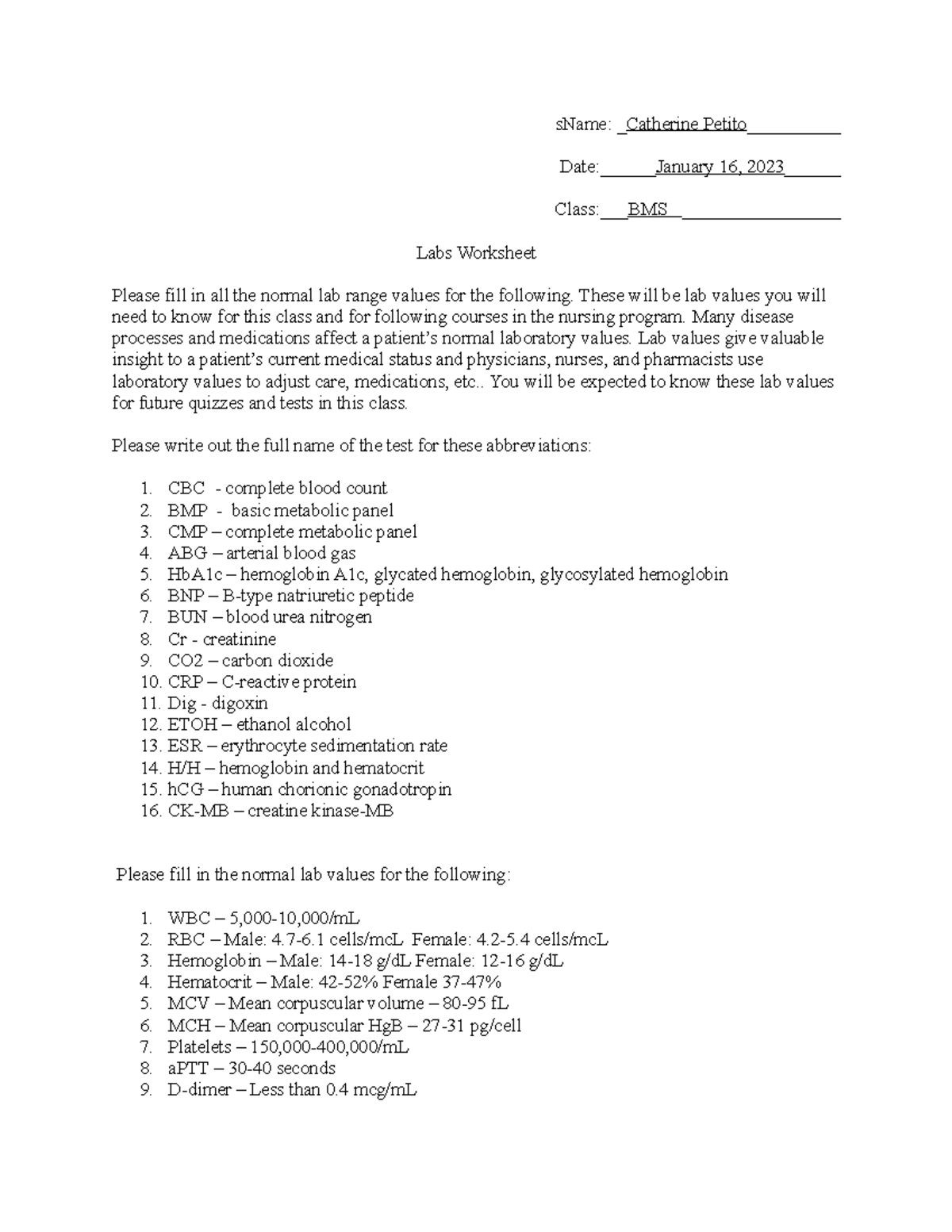 LABS worksheet BMS -2 - Lab values and acronyms - sName: Catherine ...