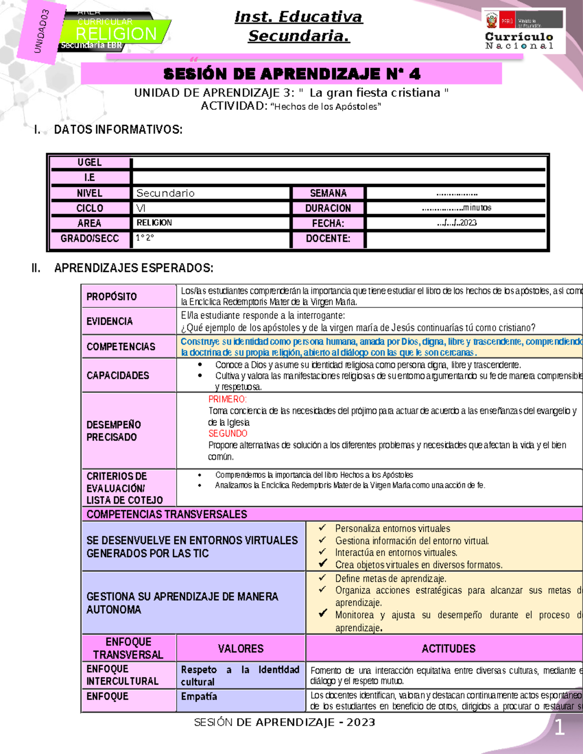 Sesion Religion 1°2° SEC- Semana 04 UNI 3 - RELIGION UNIDAD Secundaria EBR CURRICULAR Inst ...