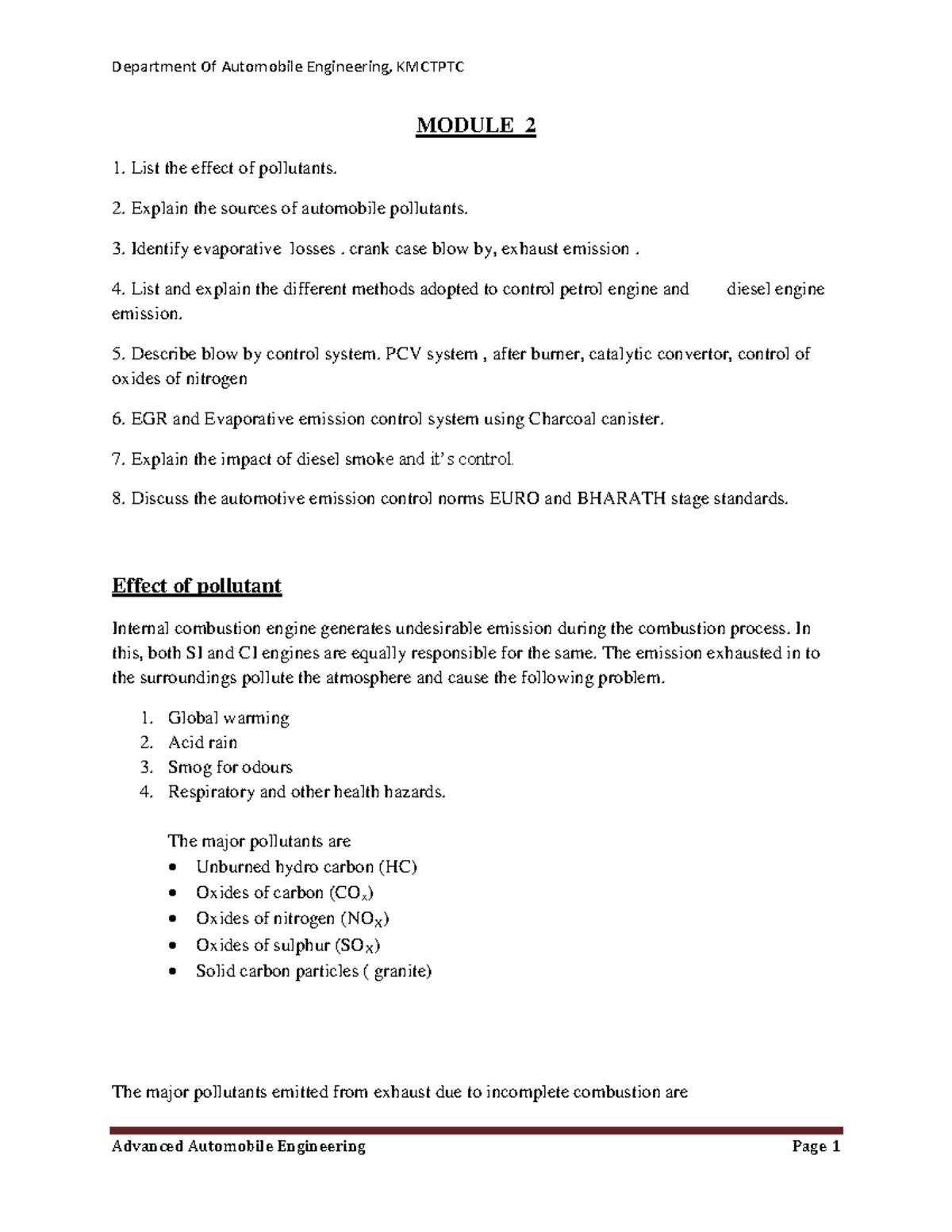 Module 2 advanced automobile engineering 3-1 - MODULE 2 List the effect ...