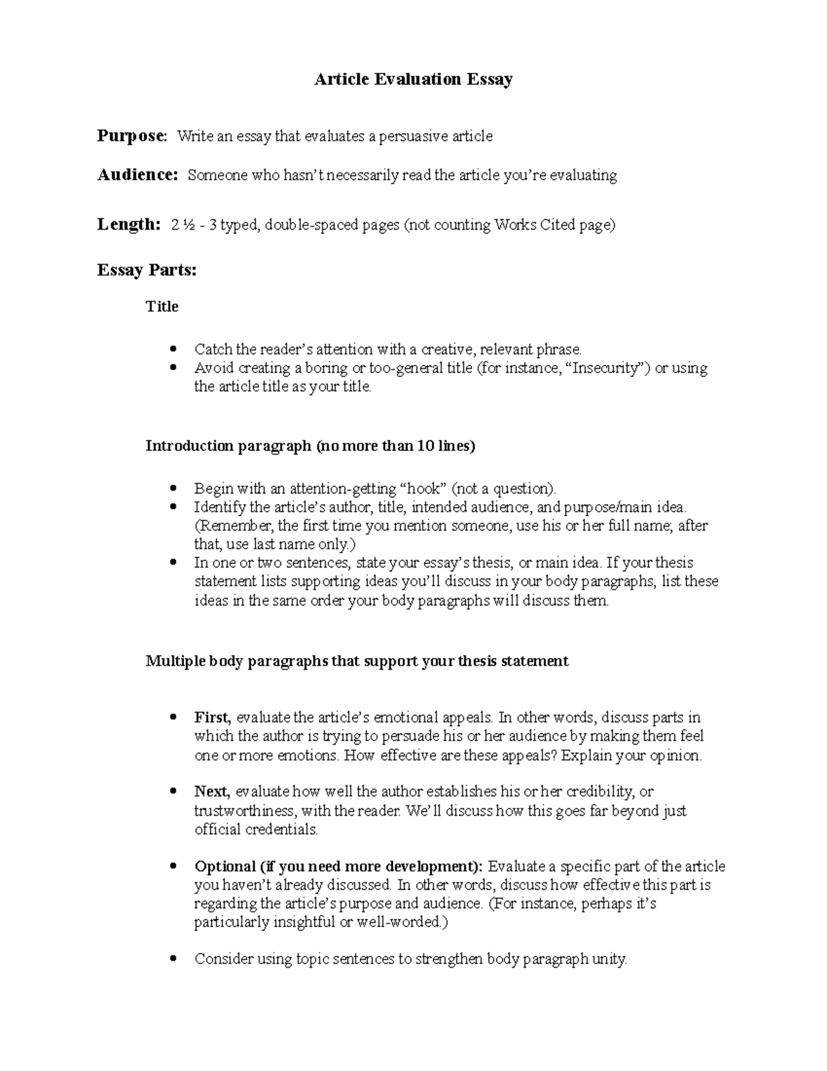 Article evaluation instructions - 29e8w - CCSJ - Studocu