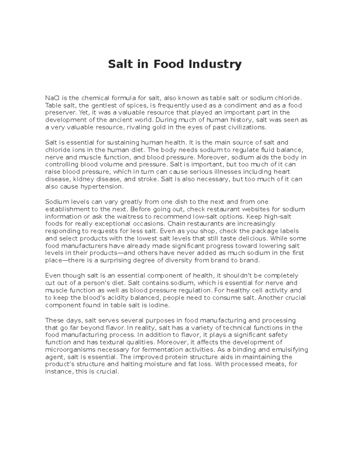 Salt in Food Industry - random - Salt in Food Industry NaCl is the ...