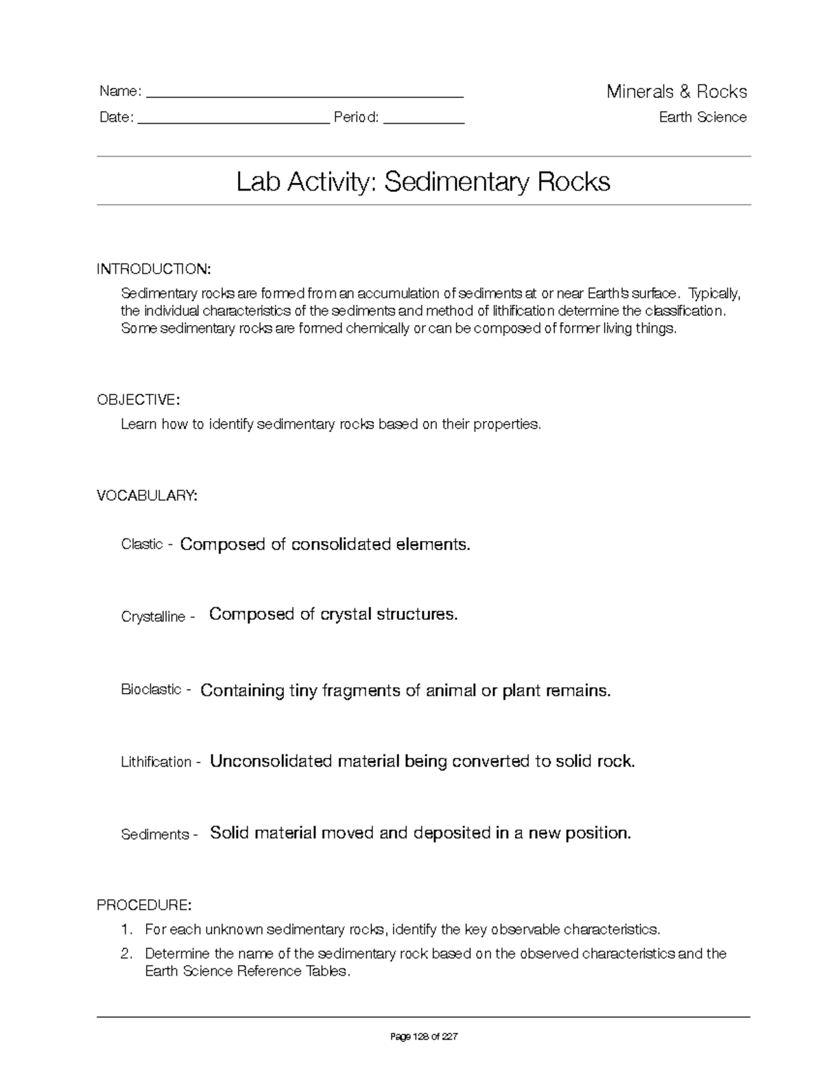 Lab 8 Sedimentary and Metamorphic Rocks - INTRODUCTION: Sedimentary ...