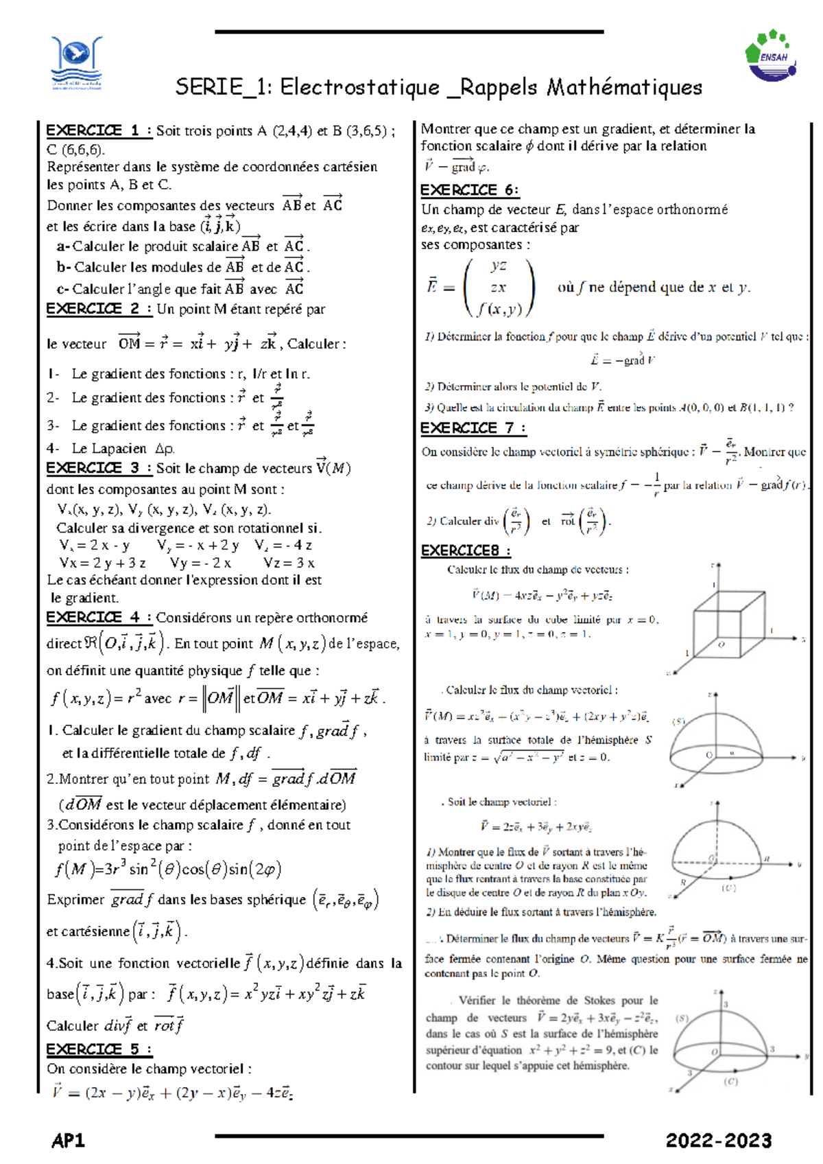 Serie 1 - Td de Electrostatique - SERIE_ 1 : Electrostatique _Rappels Mathématiques AP1 2022 ...