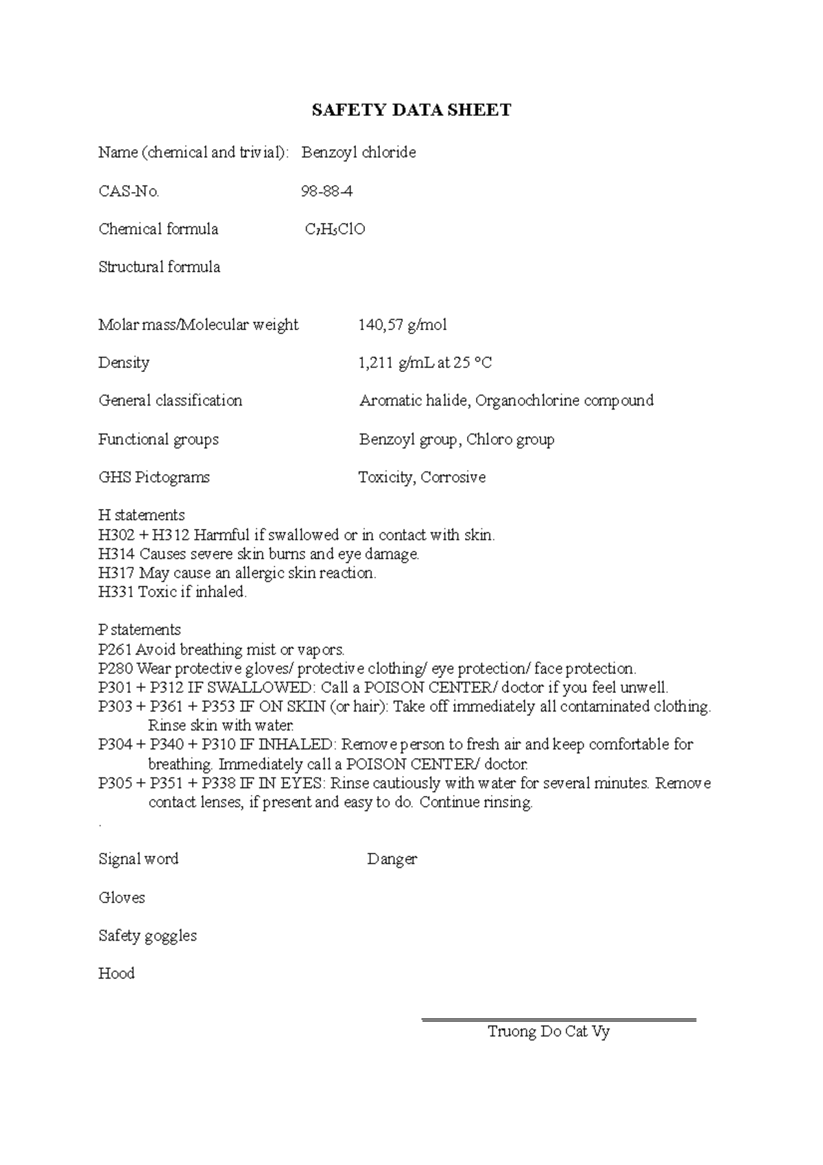 Safety DATA Sheet Benzoylchloride - SAFETY DATA SHEET Name (chemical ...