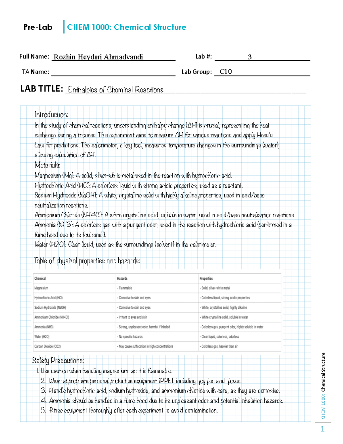 Chem3 - the chem note - Pre-Lab CHEM 1000 : Chemical Structure CHEM ...