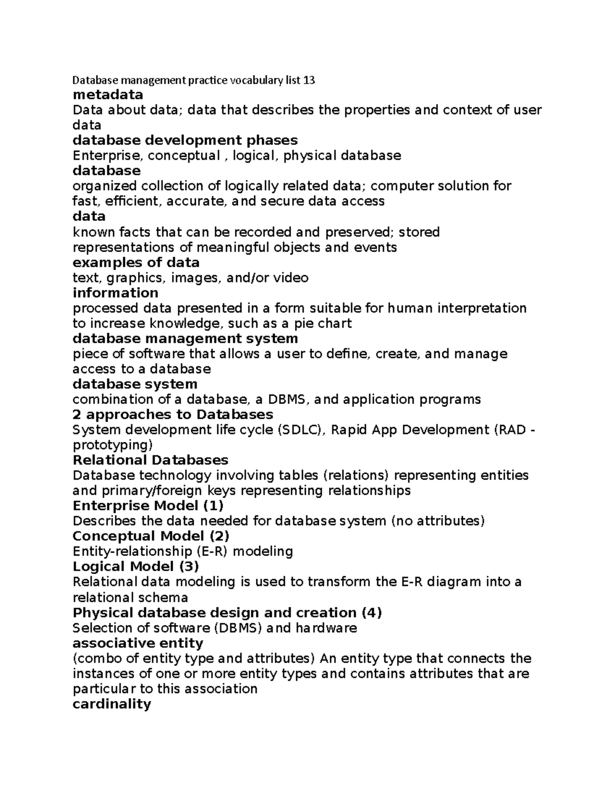 Database management practice vocabulary list 13 - Studocu
