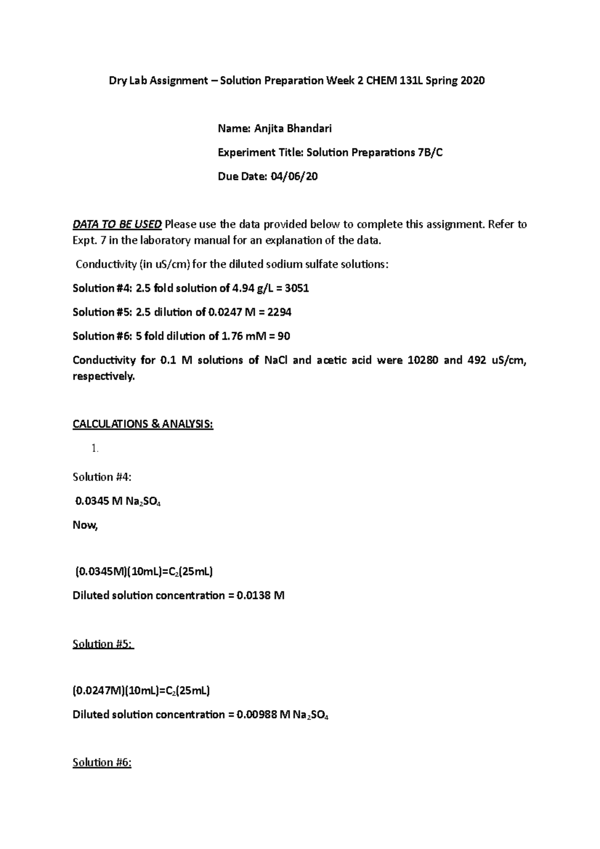 7B - General Chemistry 7B - Dry Lab Assignment – Solution Preparation ...
