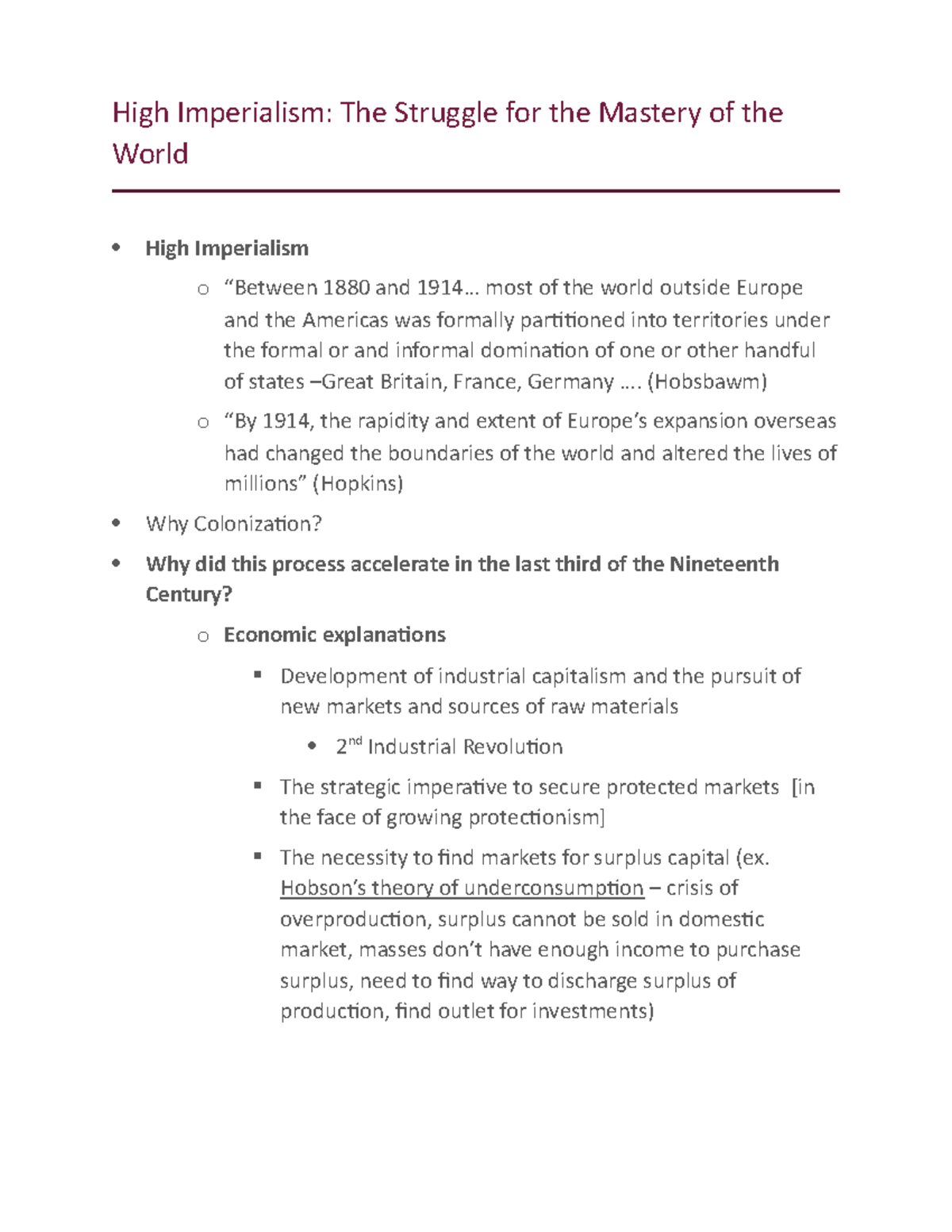 High Imperialism - Lecture notes 4 - High Imperialism: The Struggle for ...
