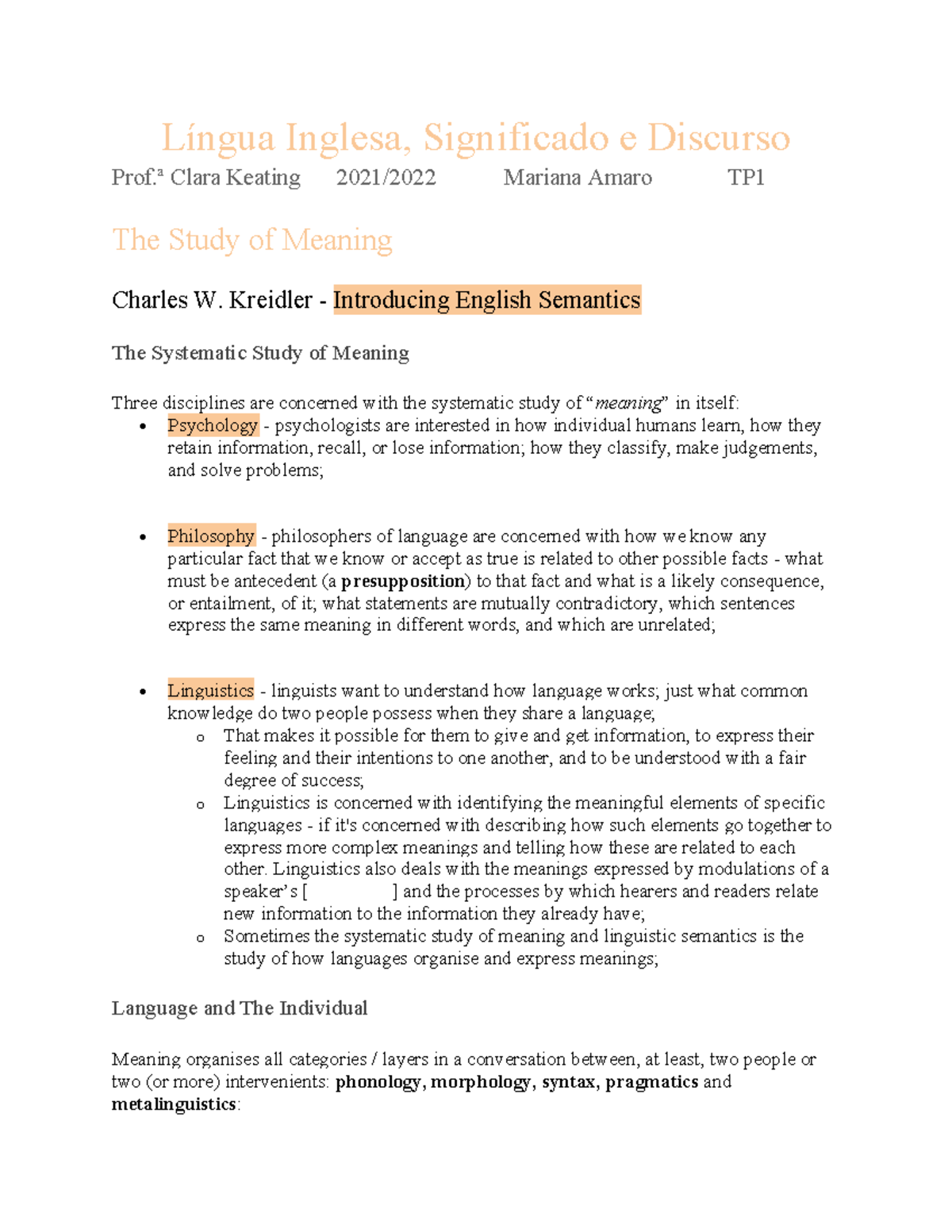 Pragmatica e Discurso Keating 202223 - Língua Inglesa, Significado e ...