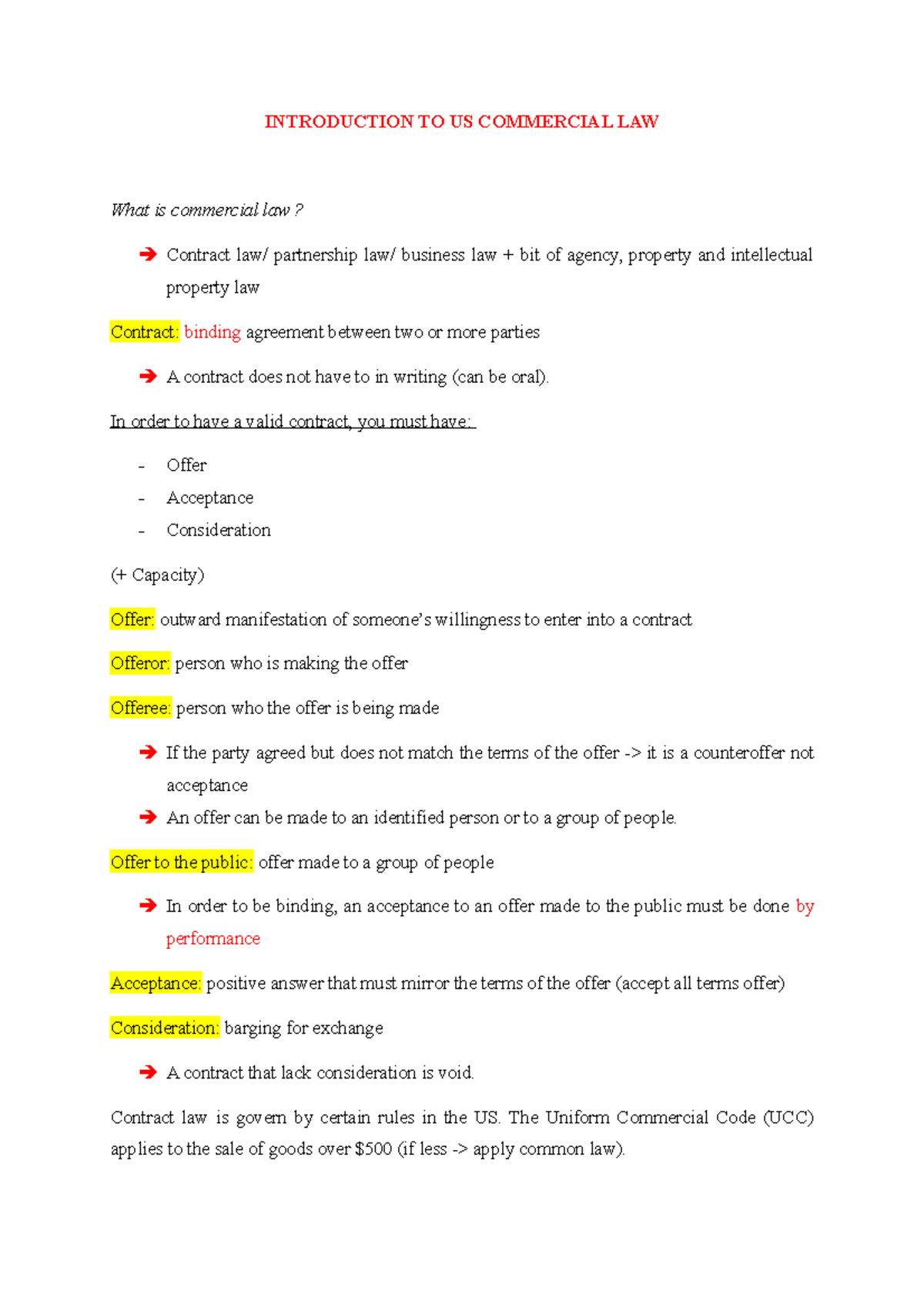 CM1 Commercial LAW - INTRODUCTION TO US COMMERCIAL LAW What is ...