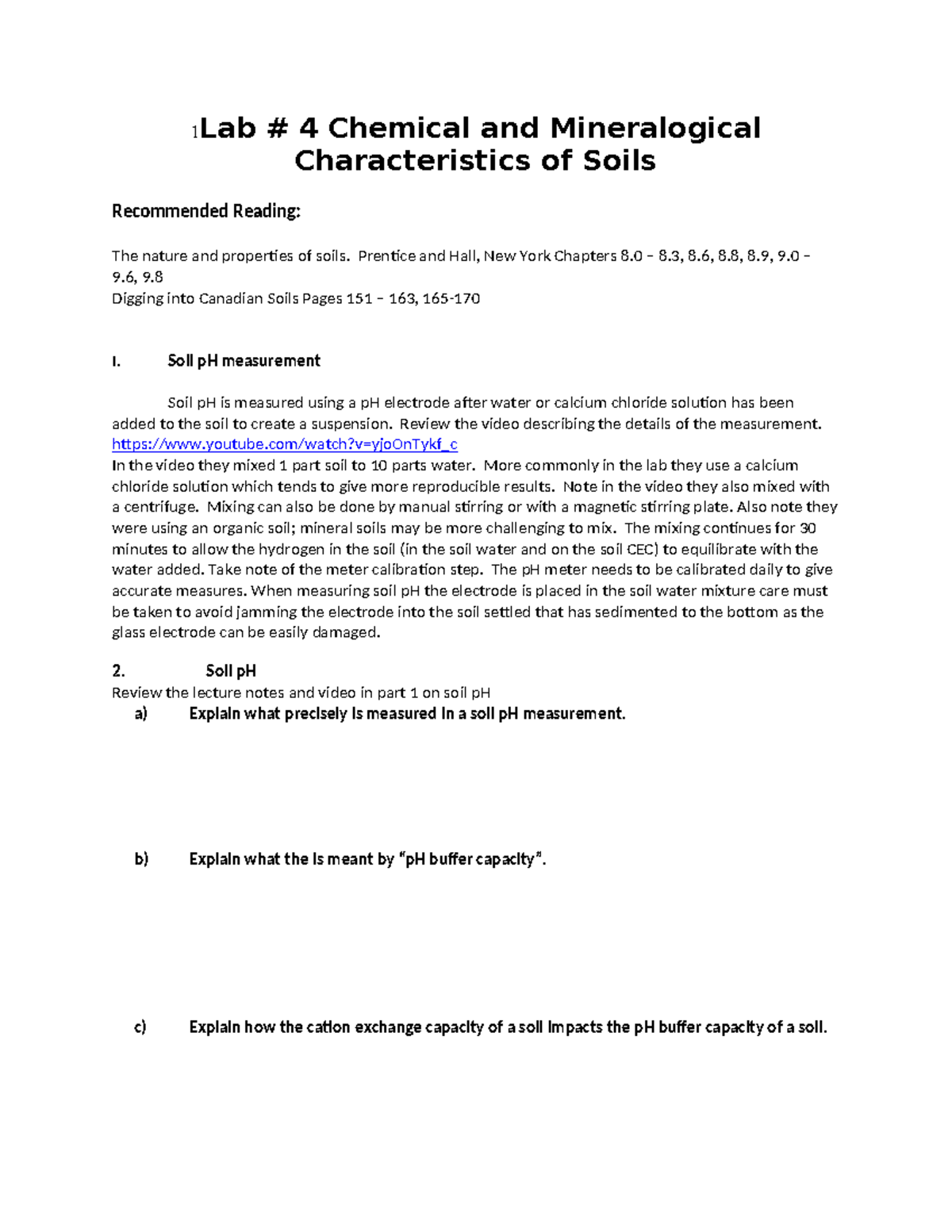 Lab 4 clay, p H and CEC 2024 - 1 Lab # 4 Chemical and Mineralogical ...