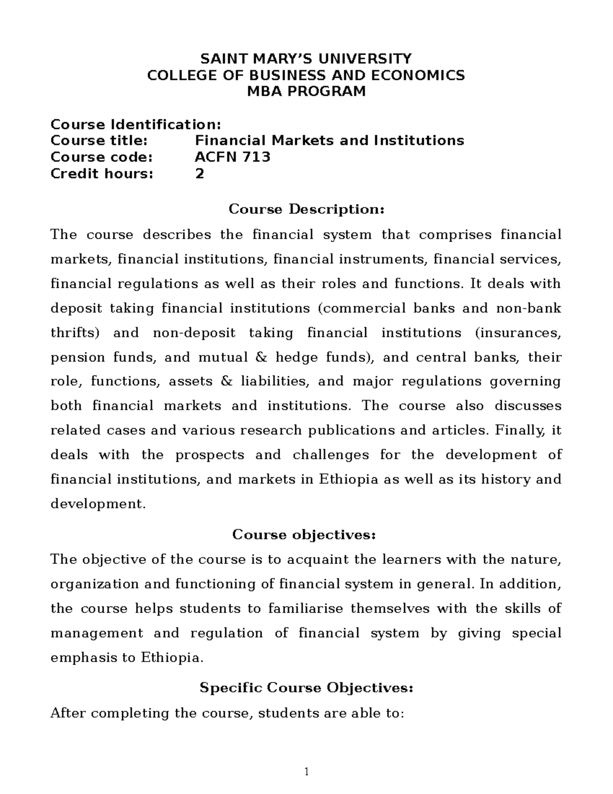 SMU FMI course outline MBA - SAINT MARY’S UNIVERSITY COLLEGE OF ...