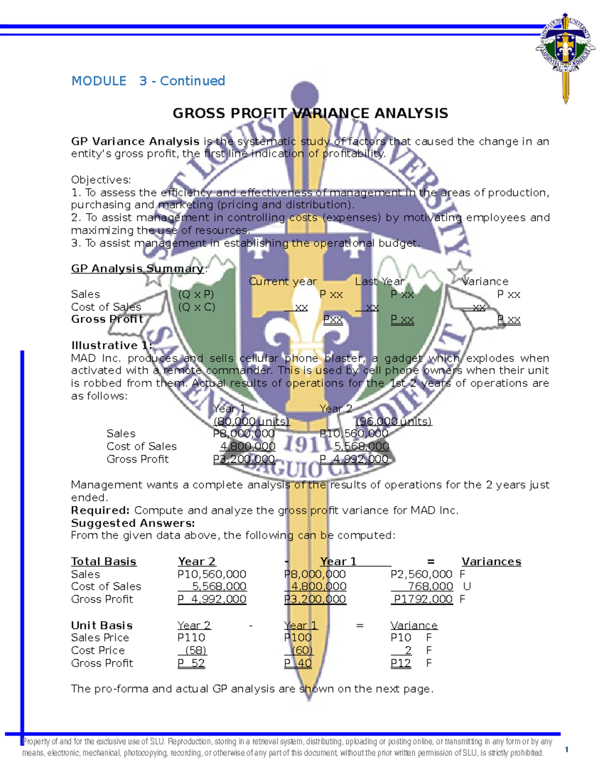 Module 3 Gross Profit Variance Reading Material Notes - MODULE 3 ...